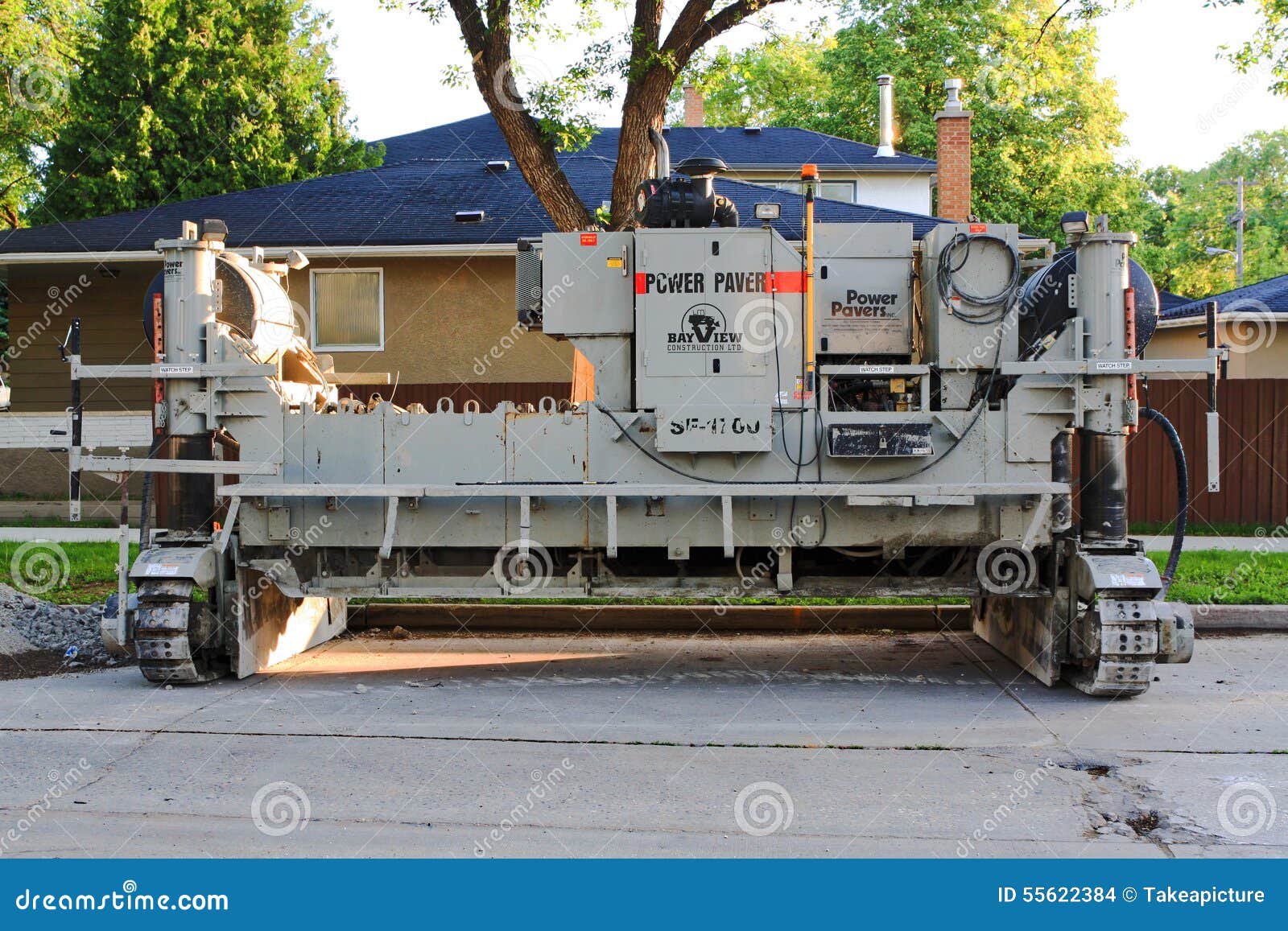 Slip Form Concrete Paver Machine On Construction Highway. Building ...