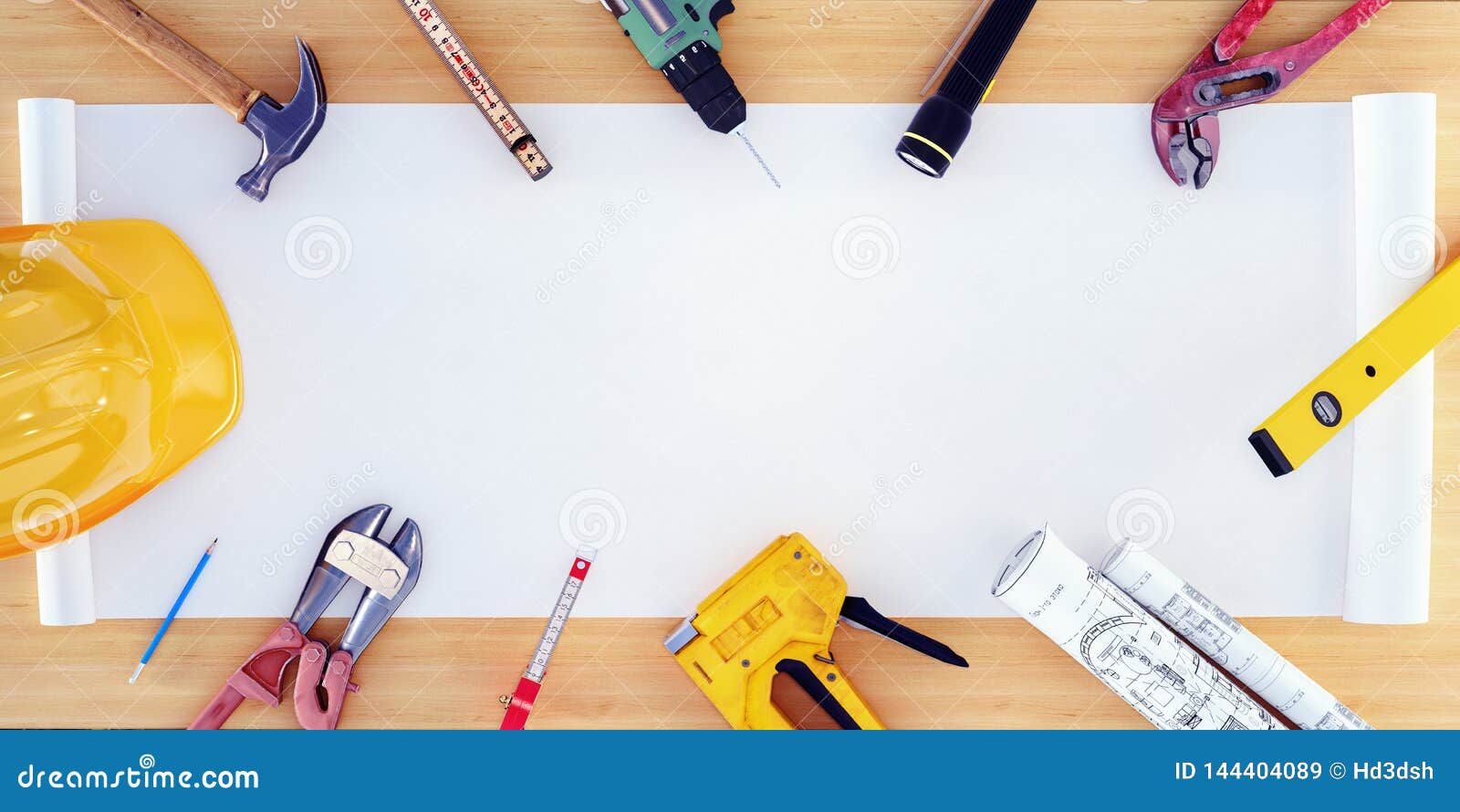 Construction Equipment and Tools on Empty Home Blueprint with Mock-up ...