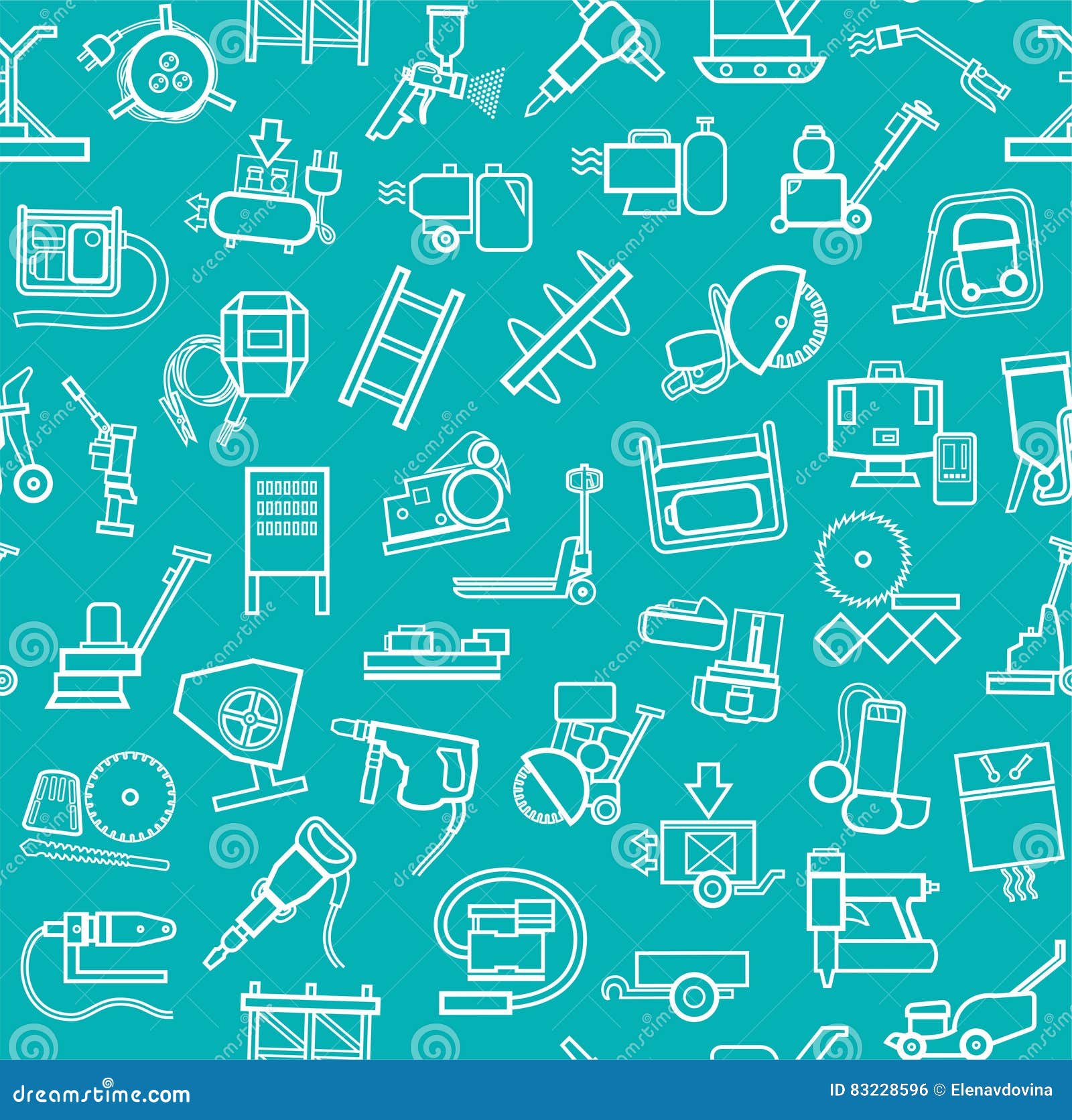 Construction Equipment and Tools, Seamless Pattern, Blue Green, Contour ...