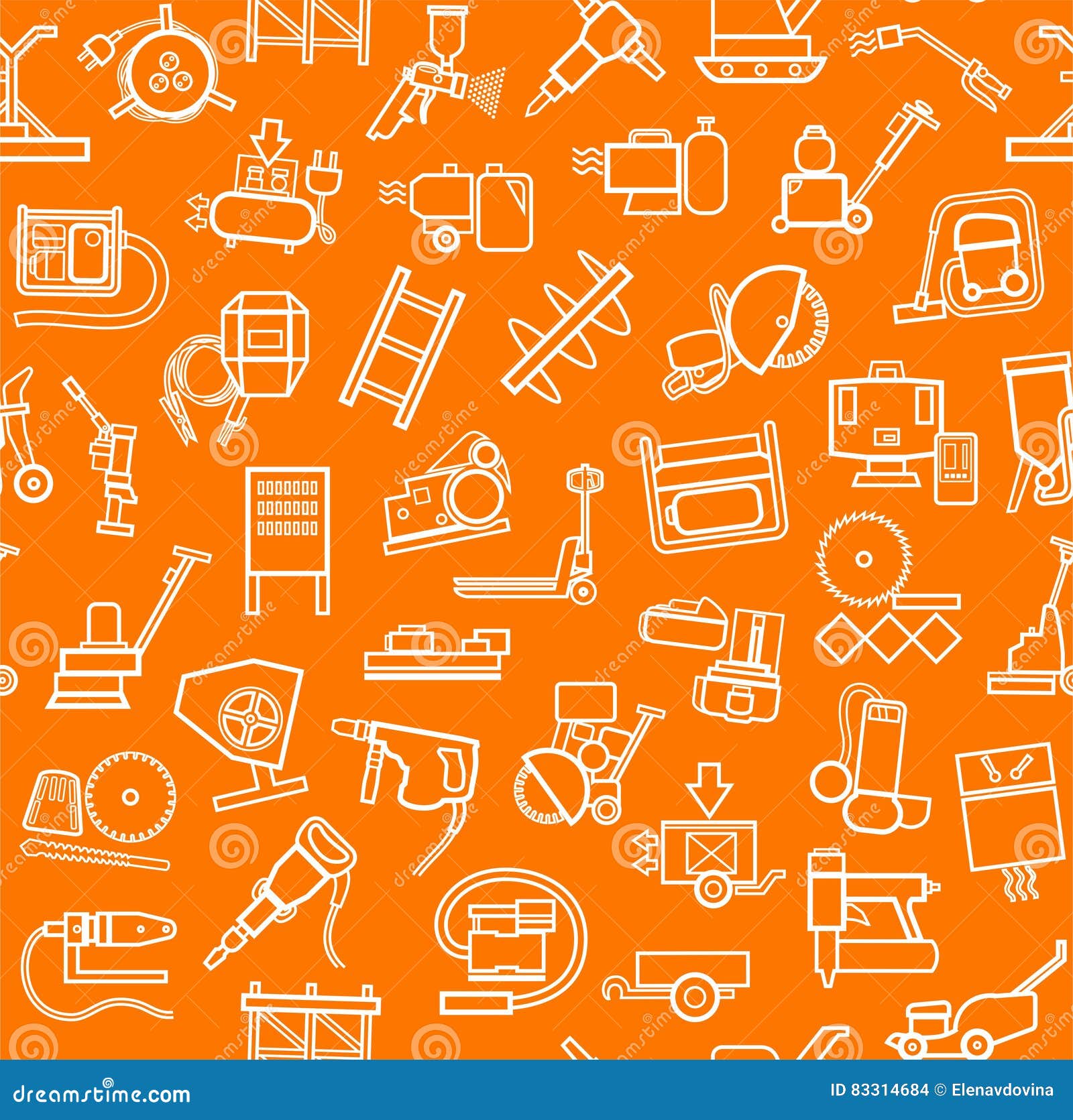 Construction Equipment and Tools, Seamless Pattern, Orange, in Outline ...