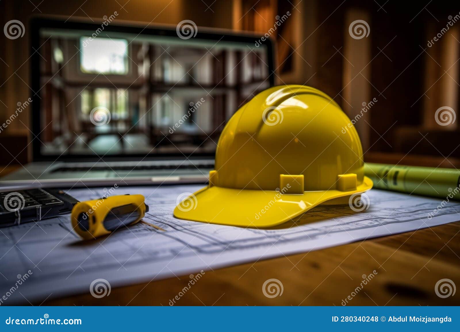 Construction Essentials, Blueprints, Yellow Helmet, and Computer on ...