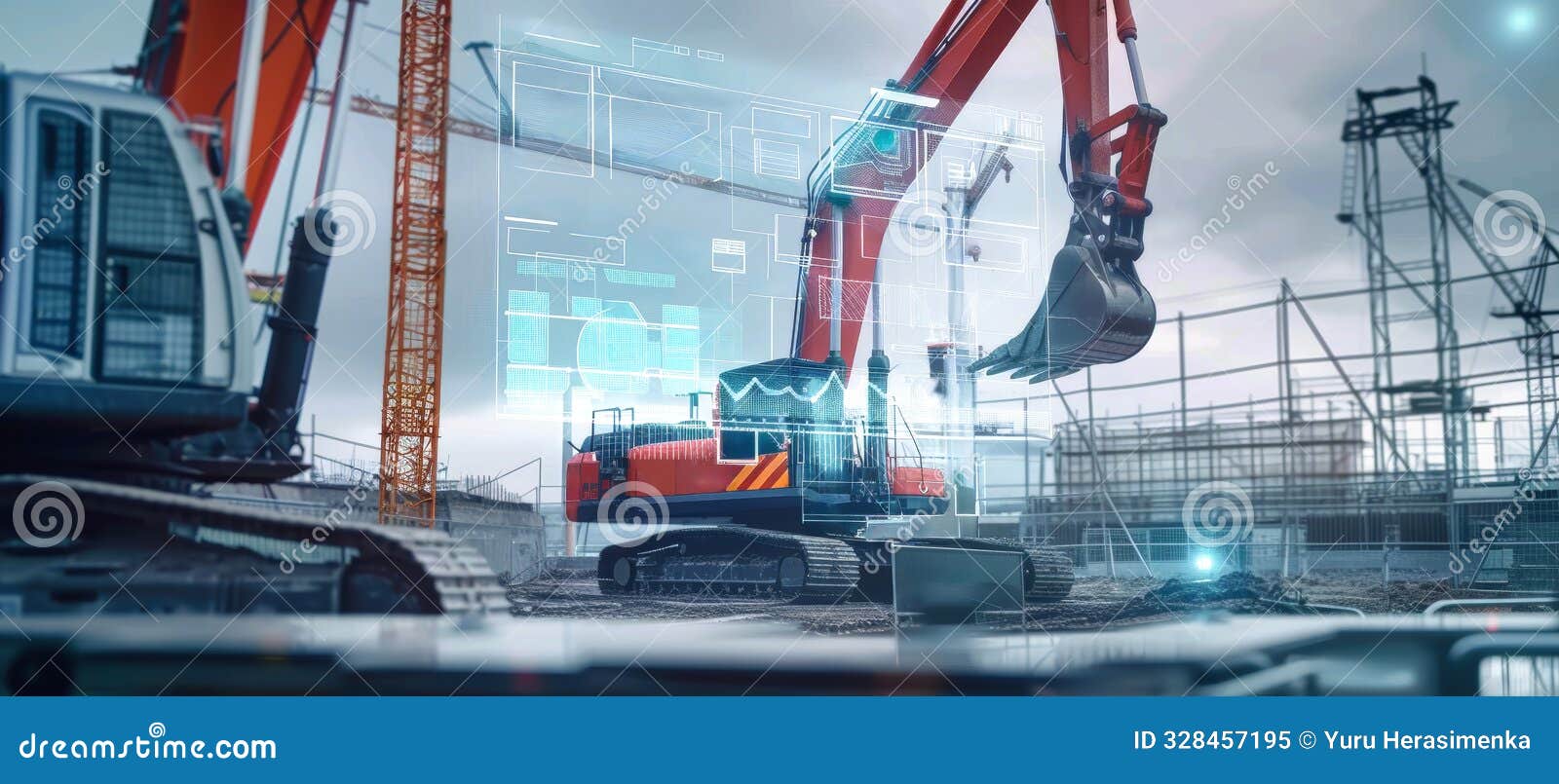 A Construction Excavator With A Holographic Display Showing Progress ...