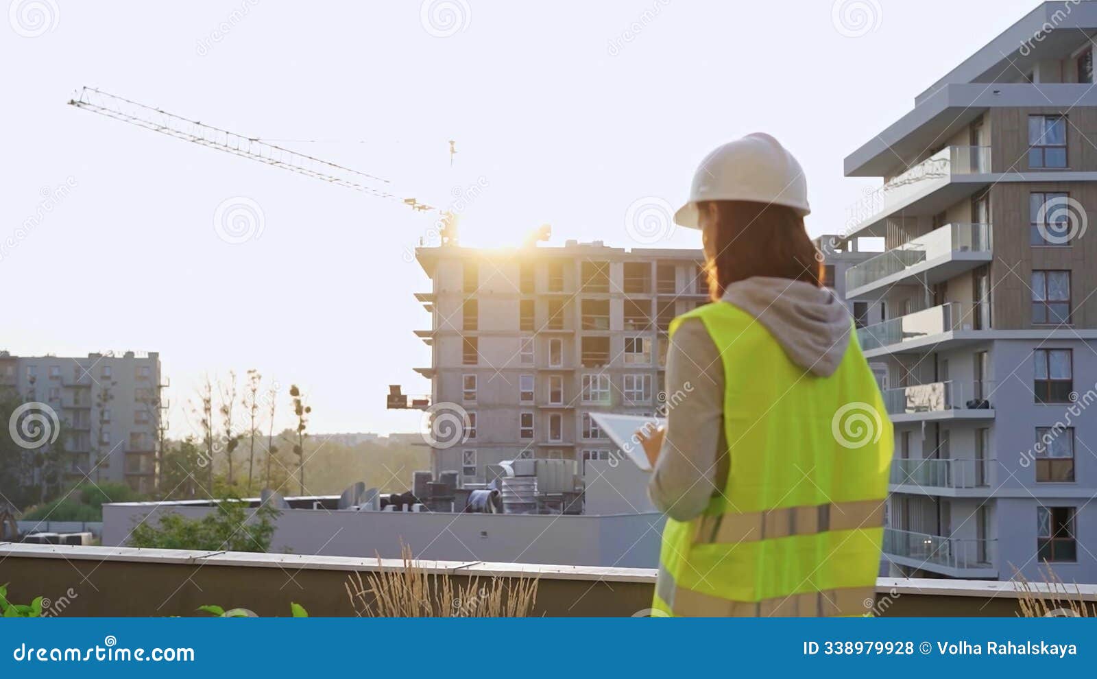 Construction Female Engineer Taking Notes and Tapping on Tablet ...