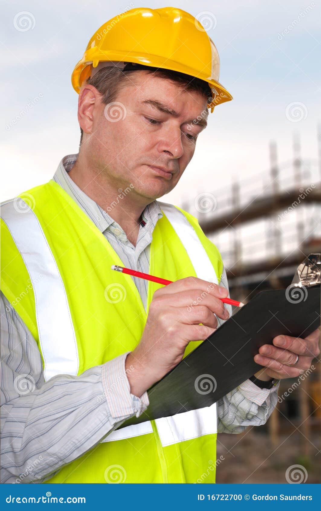 Construction Foreman Checks Clipboard Stock Photo - Image of pencil ...