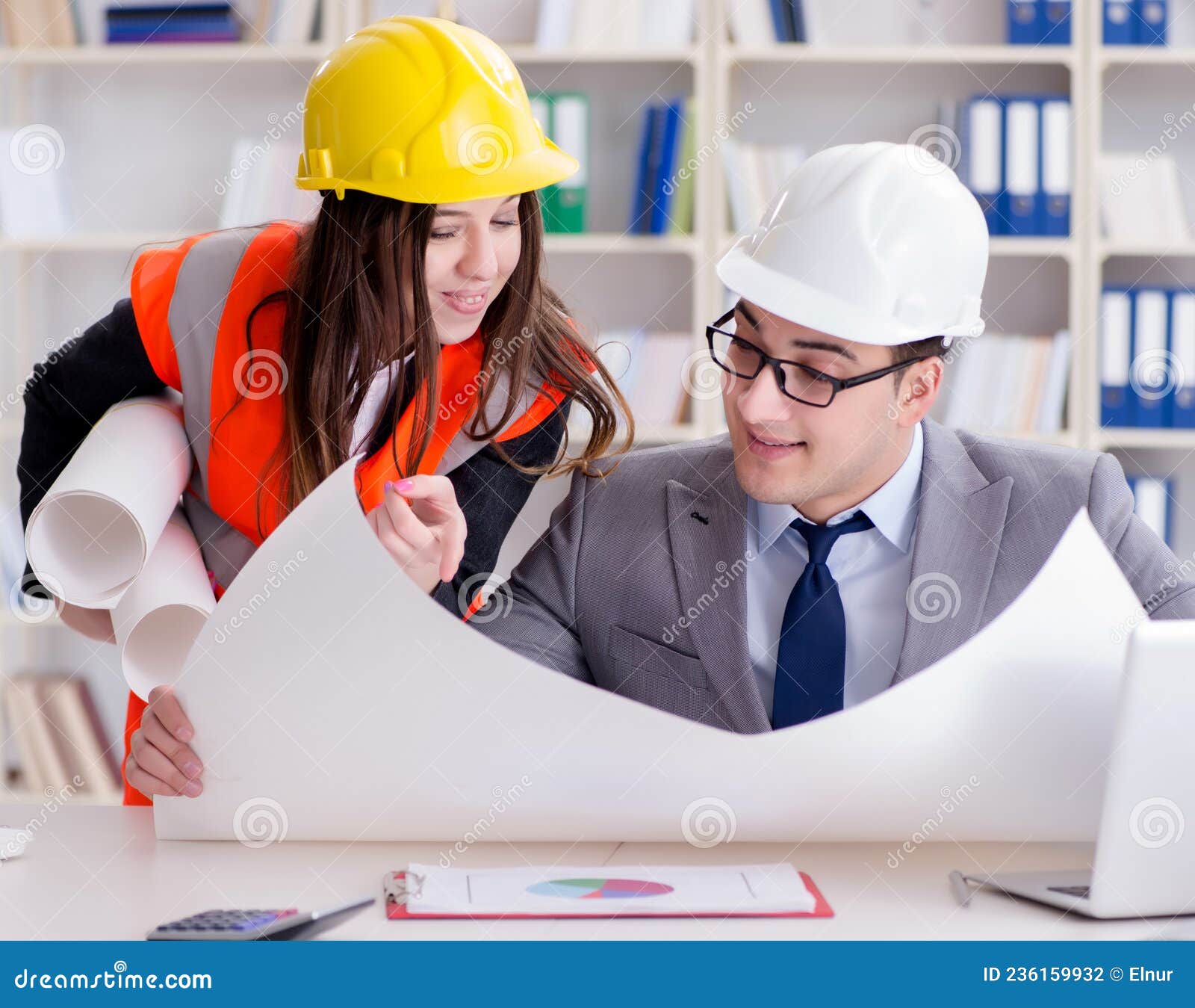 Construction Foreman Supervisor Reviewing Drawings Stock Photo - Image ...