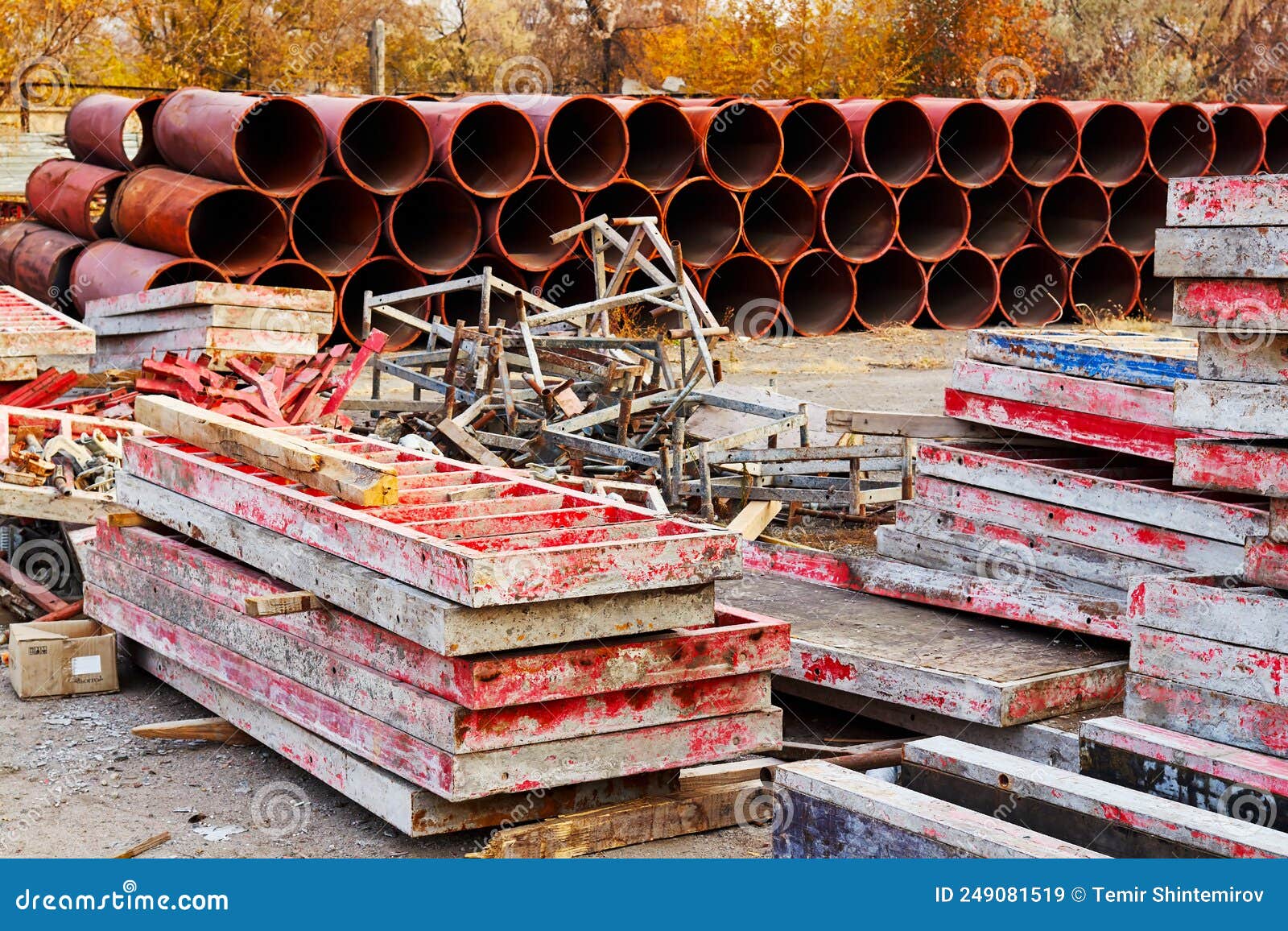 Construction Formwork and Pipes Stacked on an Open Warehouse Stock ...