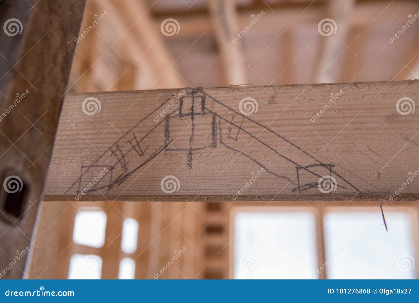 Construction of Frame Wooden House. Drawing by Hand on a Wooden Board ...