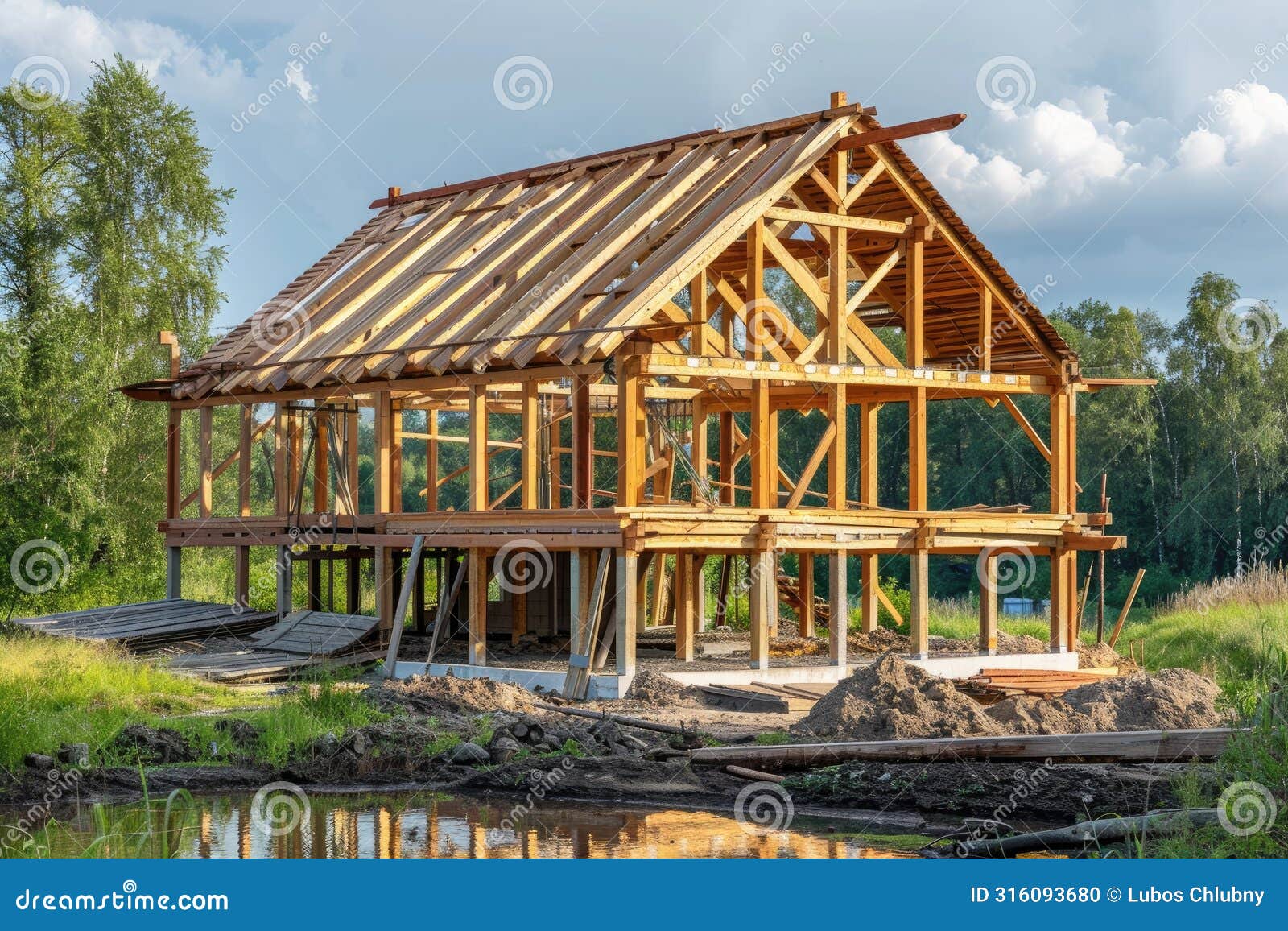 Construction of a Frame Wooden House in the Nature Stock Illustration ...