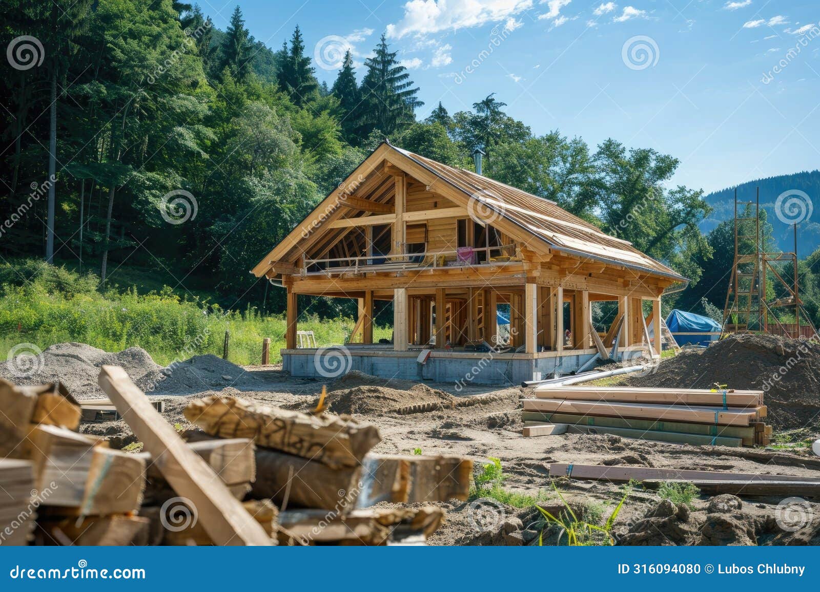 Construction of a Frame Wooden House in the Nature Stock Illustration ...