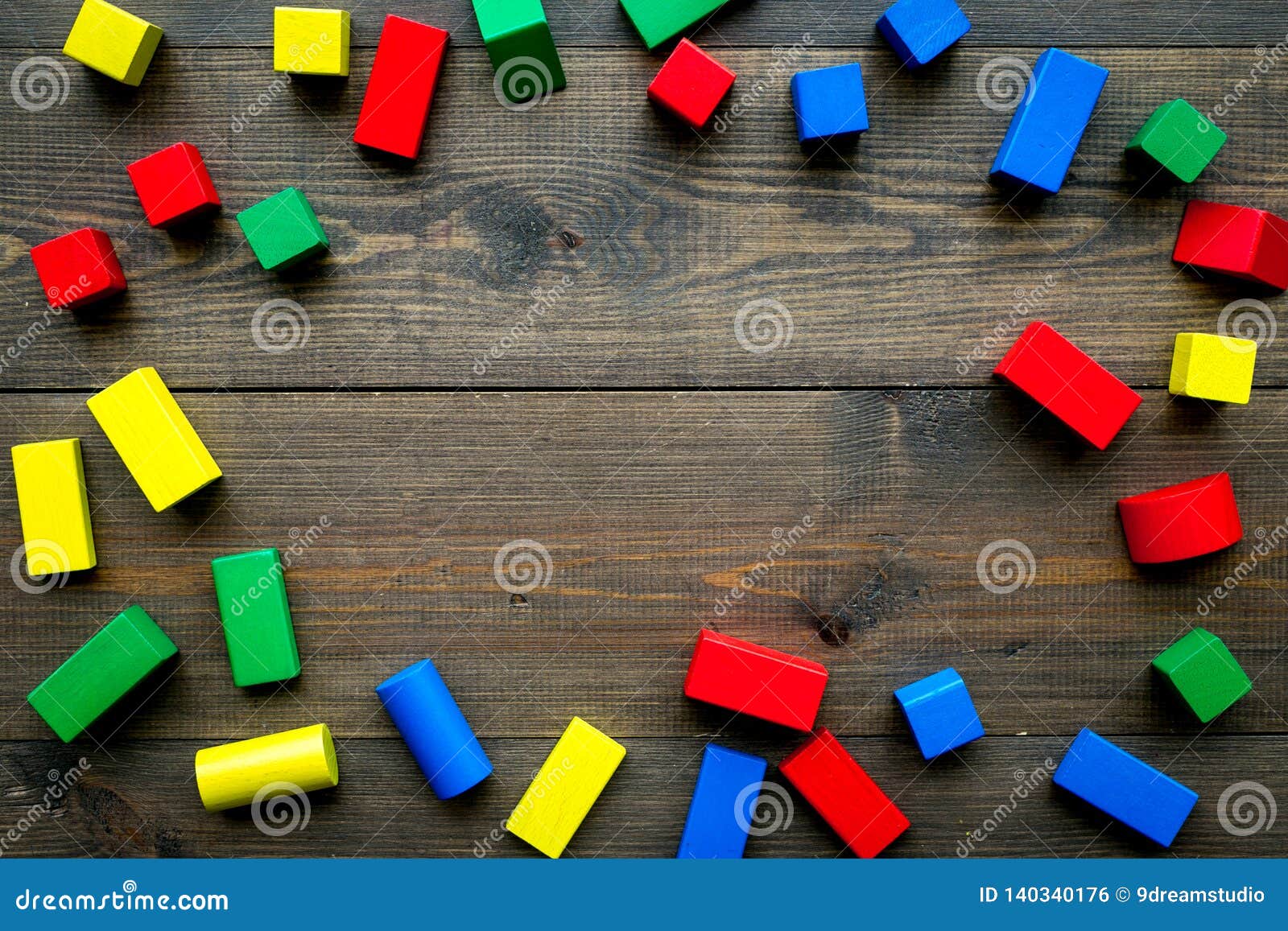 Construction Game for Kids. Wooden Building Blocks, Toy Bricks on Dark ...