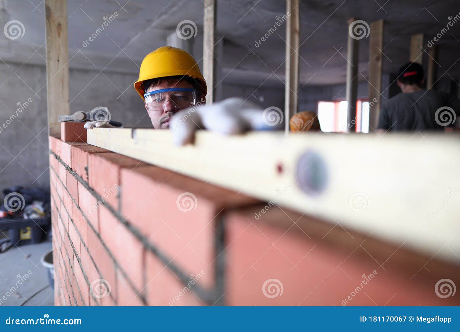 Construction Guy Helmet Measures Level Brickwork Stock Image - Image of ...