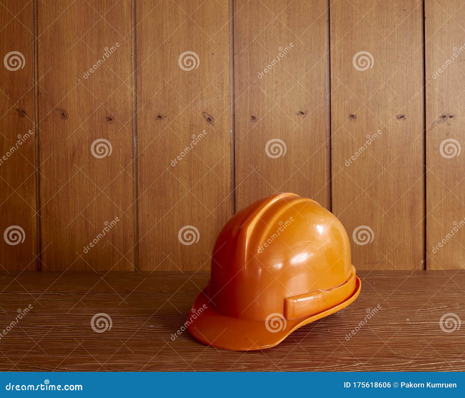 Construction Hard Hat on Wooden Table Stock Photo - Image of ...