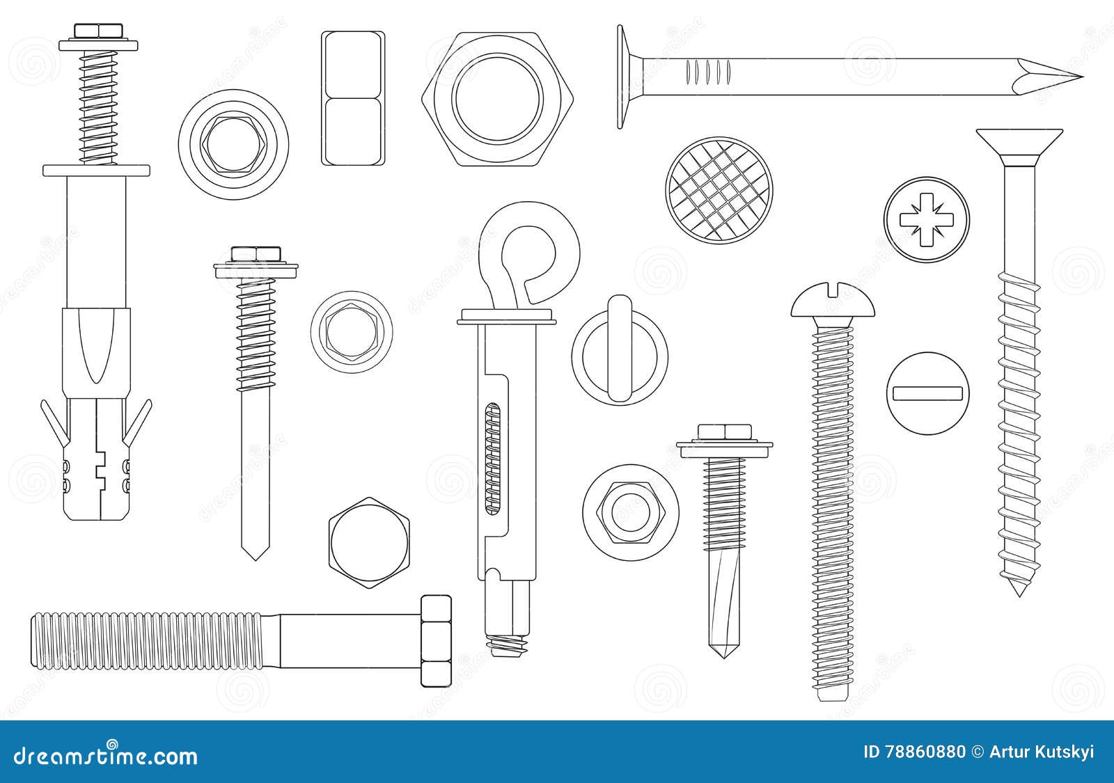 Construction Hardware Set Bolts, Screws, Nuts and Rivets. Vector ... Construction Hardware Set Bolts, Screws, Nuts and Rivets. Vector ...