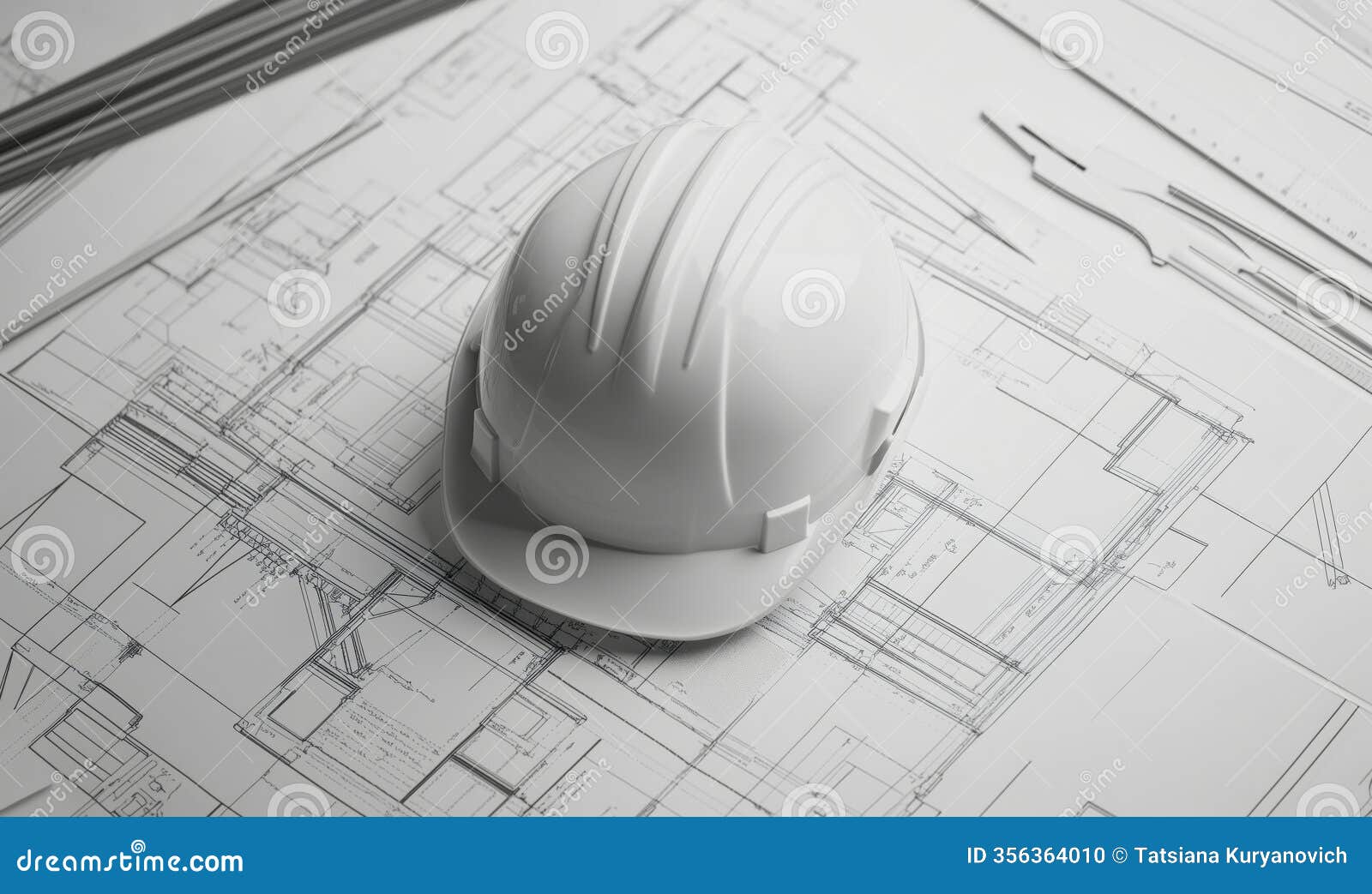 Construction Helmet on Architectural Blueprints, Detailed Plans, Tools ...