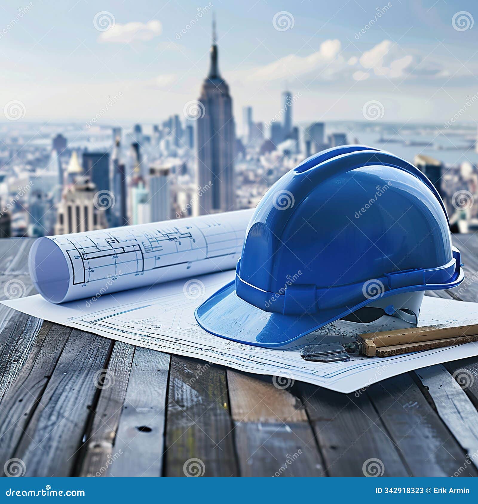Construction Helmet and Blueprint on a Wooden Table with City Skyline ...