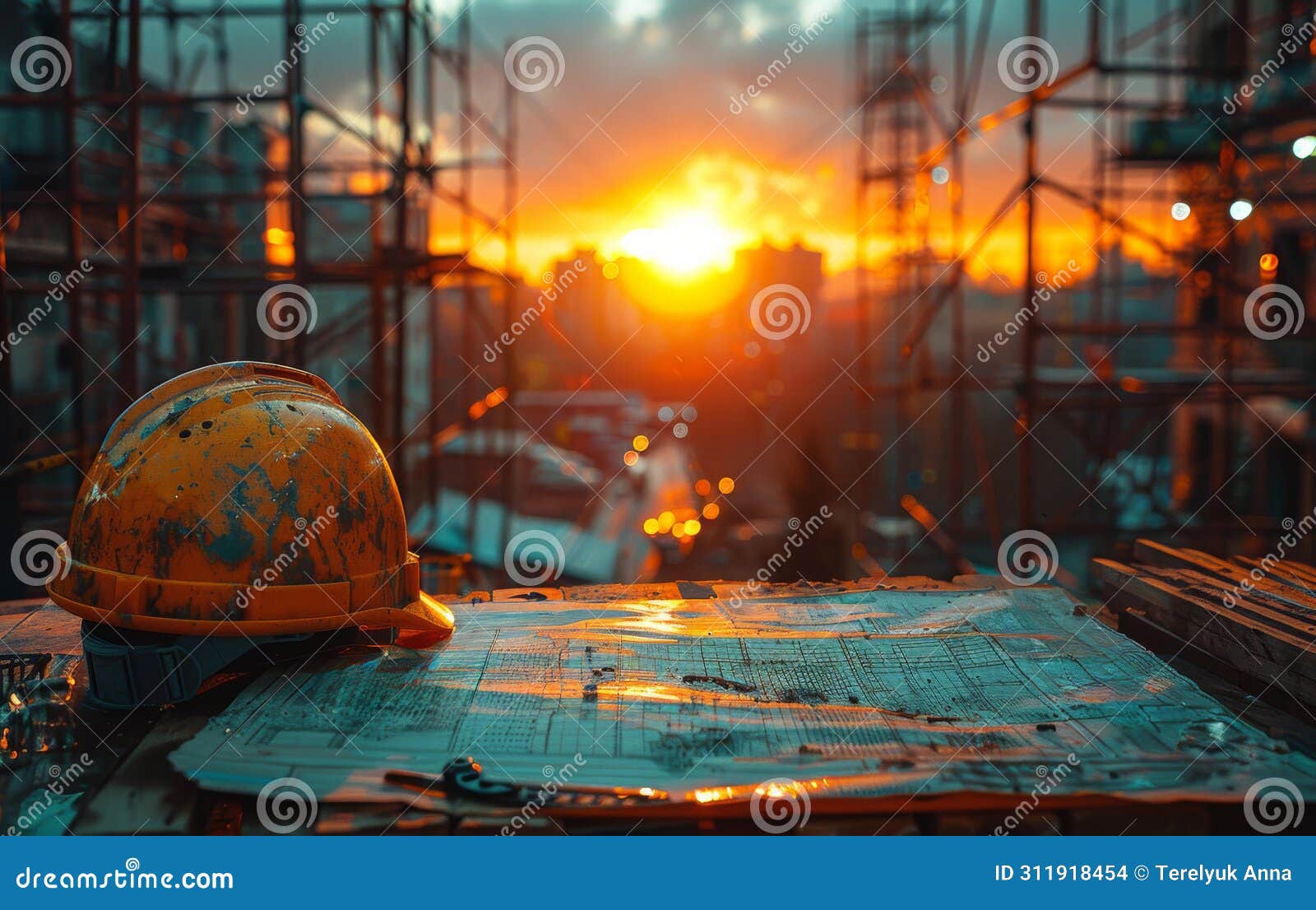 Construction Helmet and Blueprints at Sunset on Building Site Stock ...