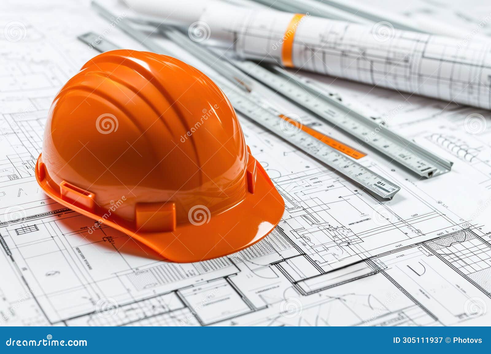 Construction Helmet on Drawing Blueprints for House Designing a ...