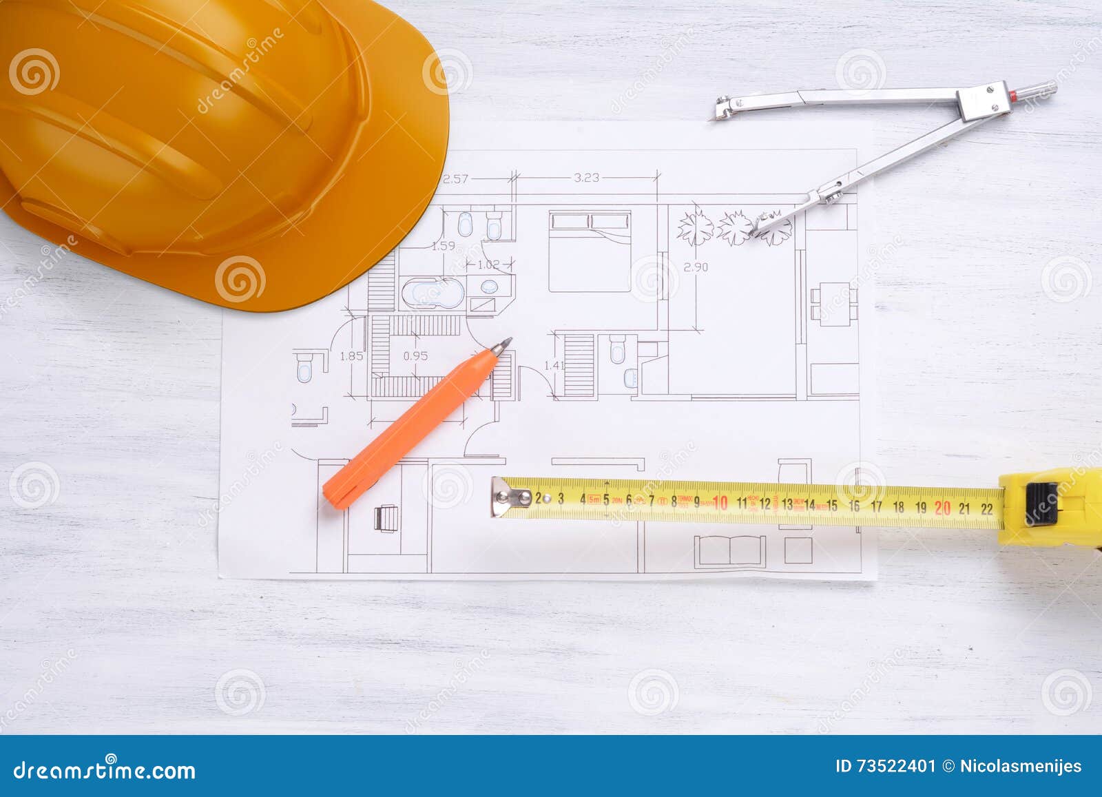Construction Helmet, House Plan and Tools. Stock Image - Image of home ...
