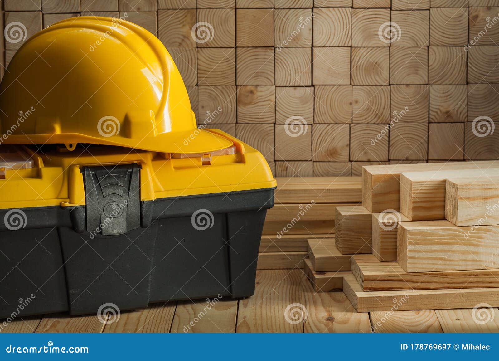 Construction Helmet on Toolbox Wooden Background Stock Image - Image of ...