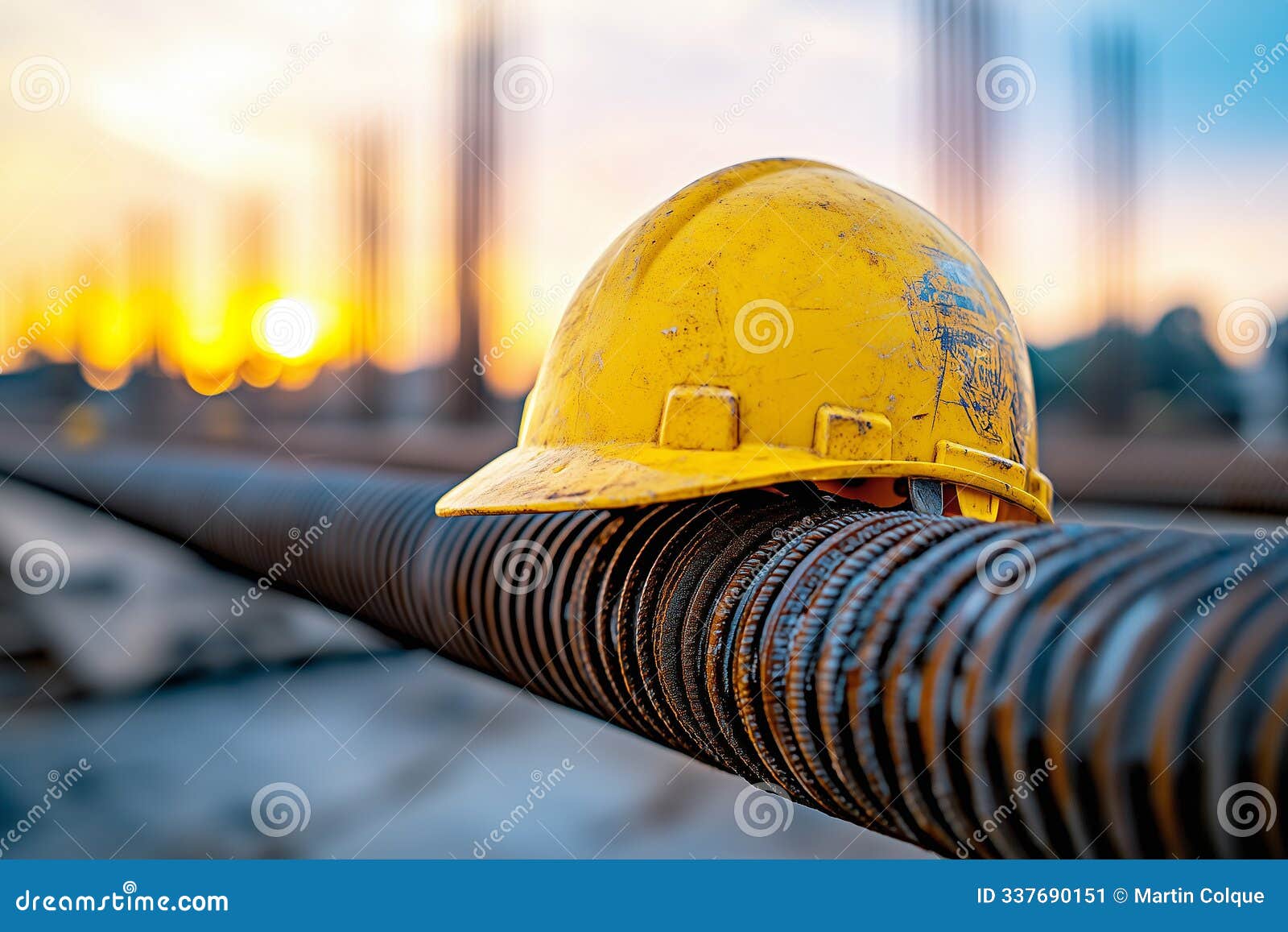 Yellow Construction Helmet Resting on Rebar at a Building Site during ...