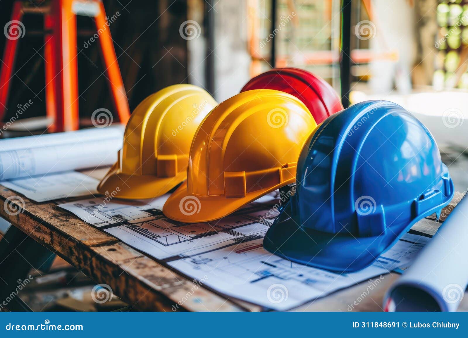 Construction Helmets and Blueprints on the Table Stock Illustration ...