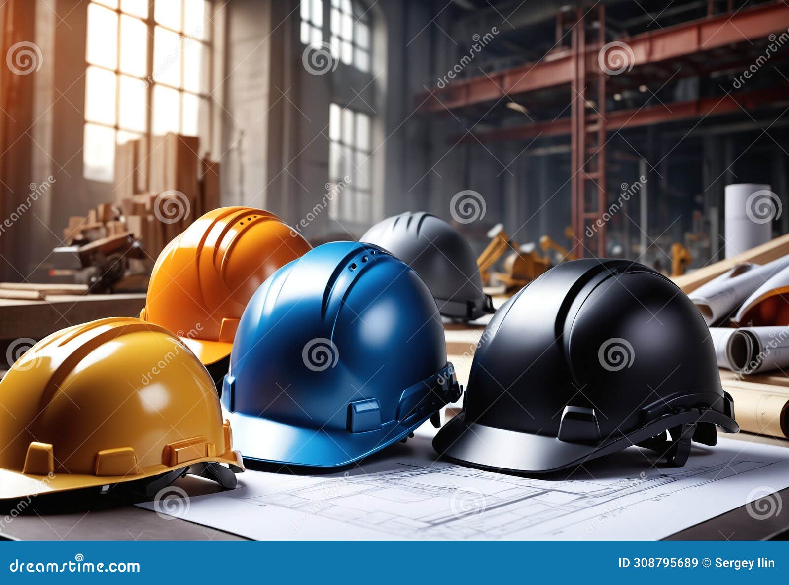 Construction Helmets and Blueprints on the Table. Generative AI Stock ...