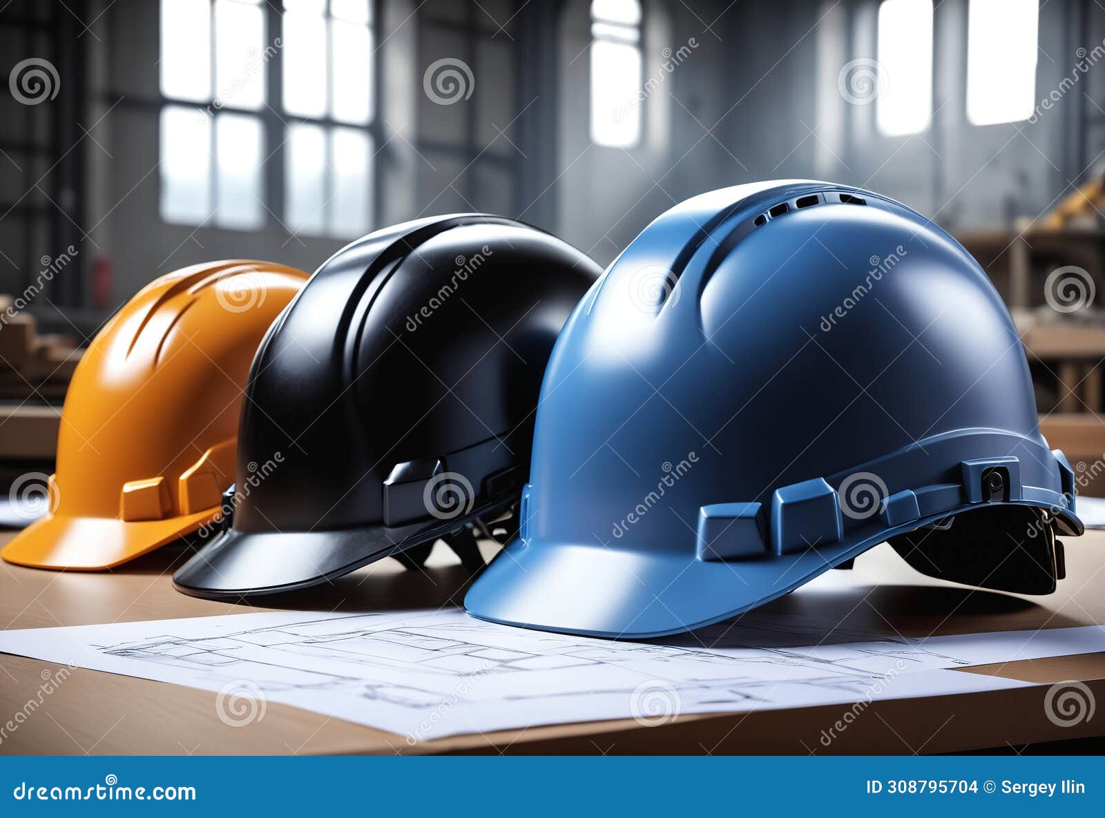 Construction Helmets and Blueprints on the Table. Generative AI Stock ...