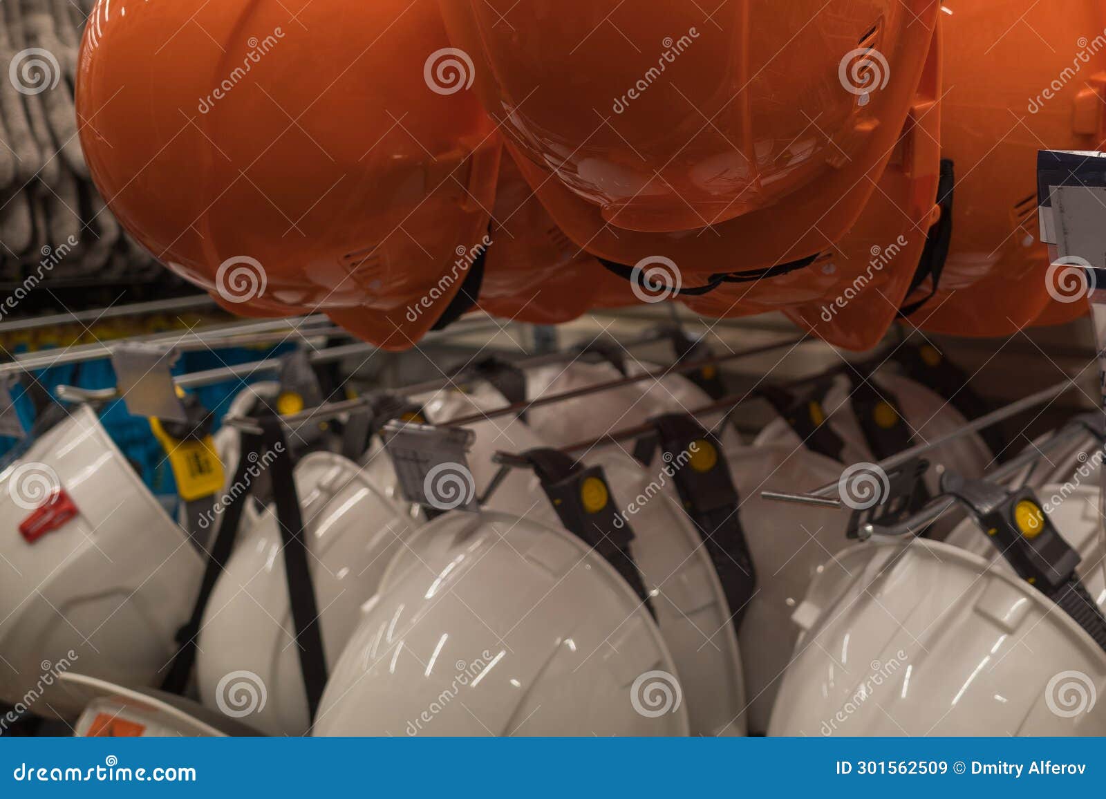 Construction Helmets on Shelves in a Construction Store Stock Image ...