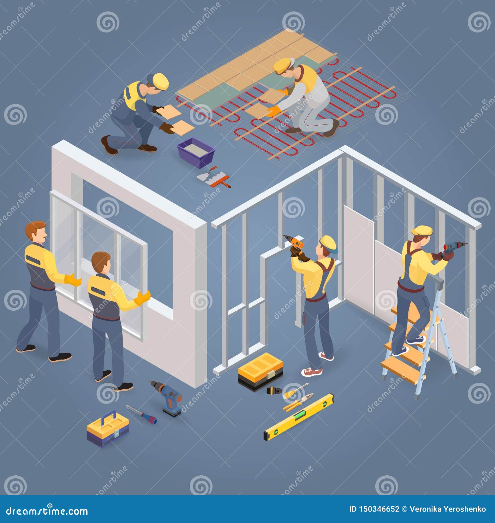 Construction or Home Repairs Concept. Isometric Workers, Tools. Vector ...