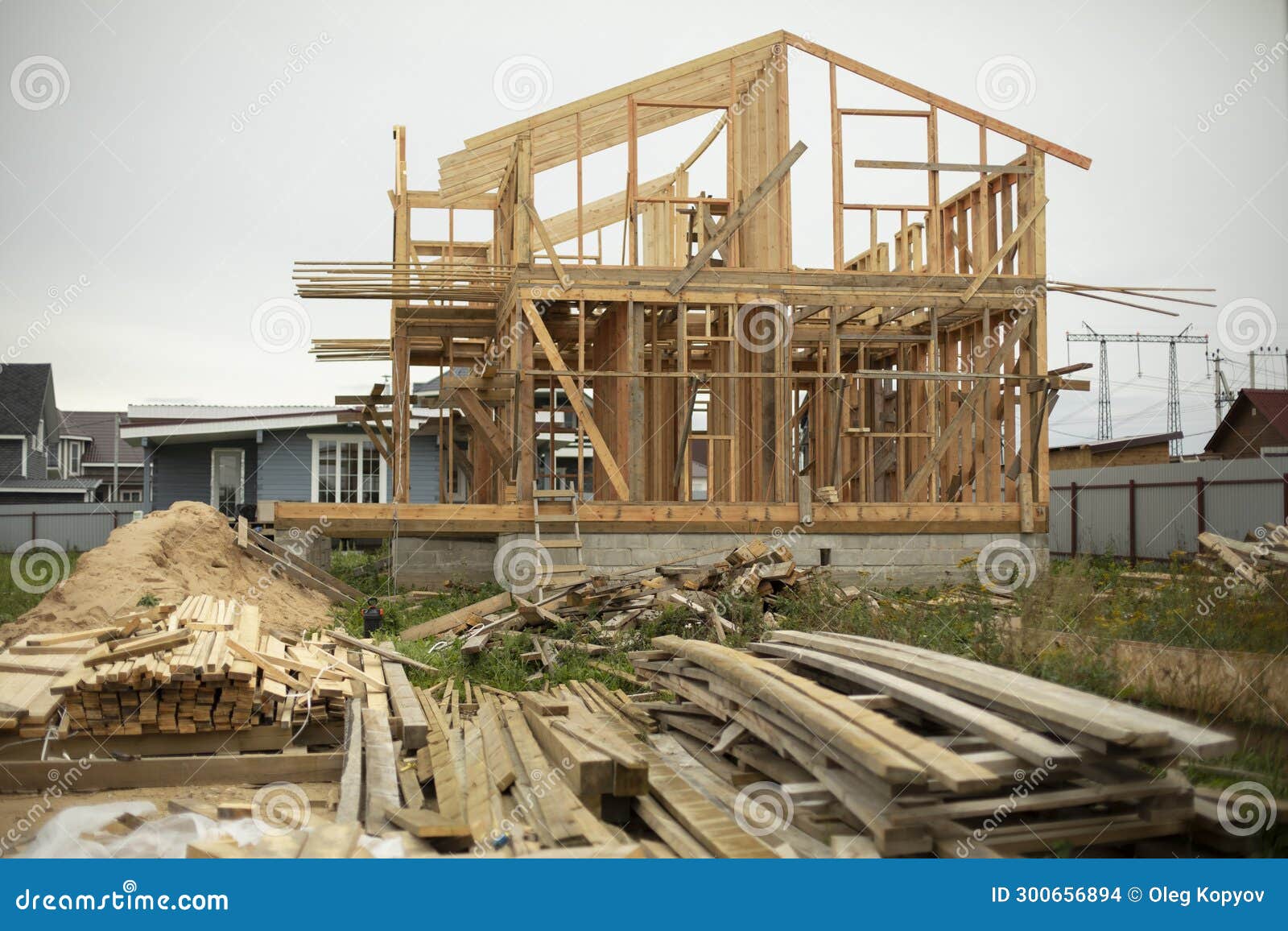 Construction of House Made of Wood. Building House in Countryside Stock ...