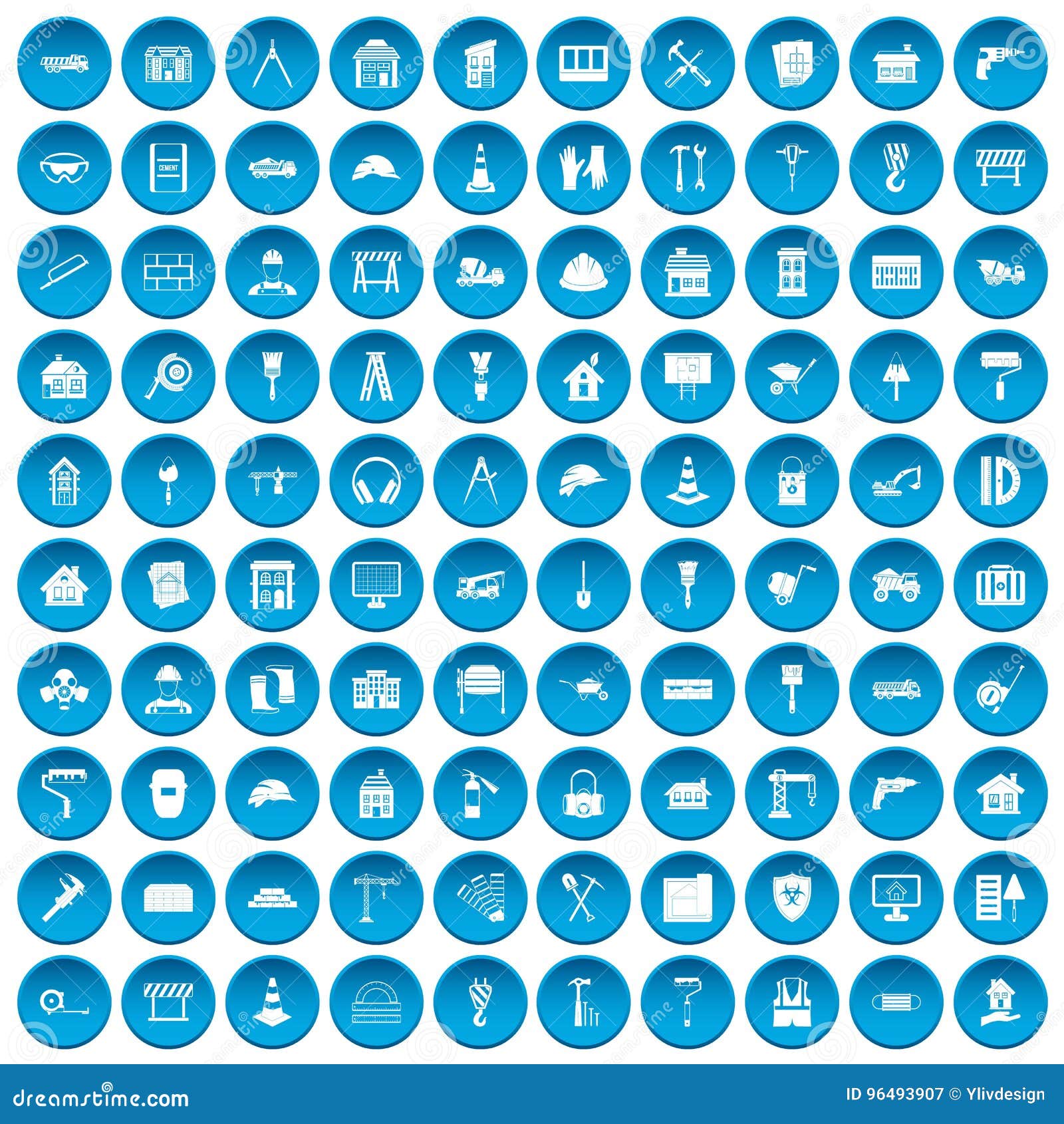 100 Construction Icons Set Blue Stock Vector - Illustration of ladder ...