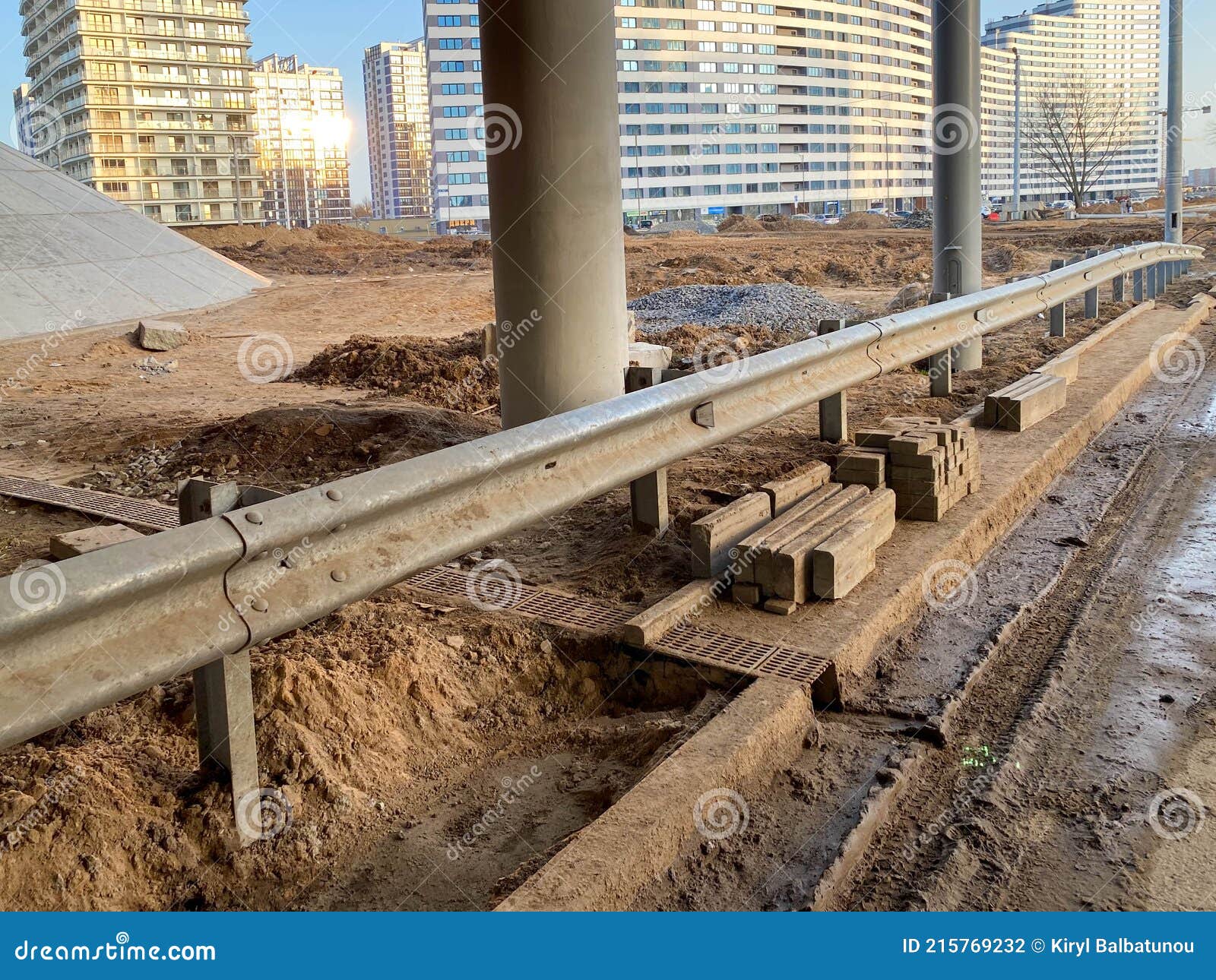 Construction Industrial Work Under a Bridge with Columns and Bumpers ...