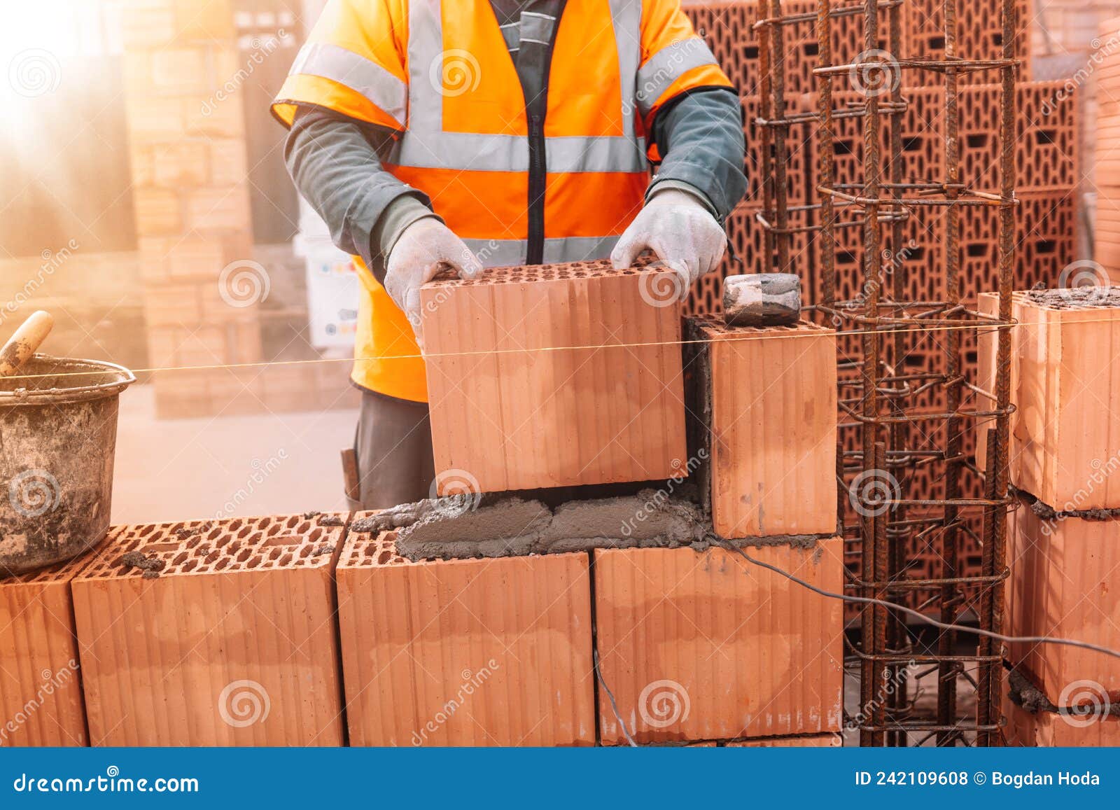 Industrial Bricklayer Installing Bricks on Construction Site Stock ...