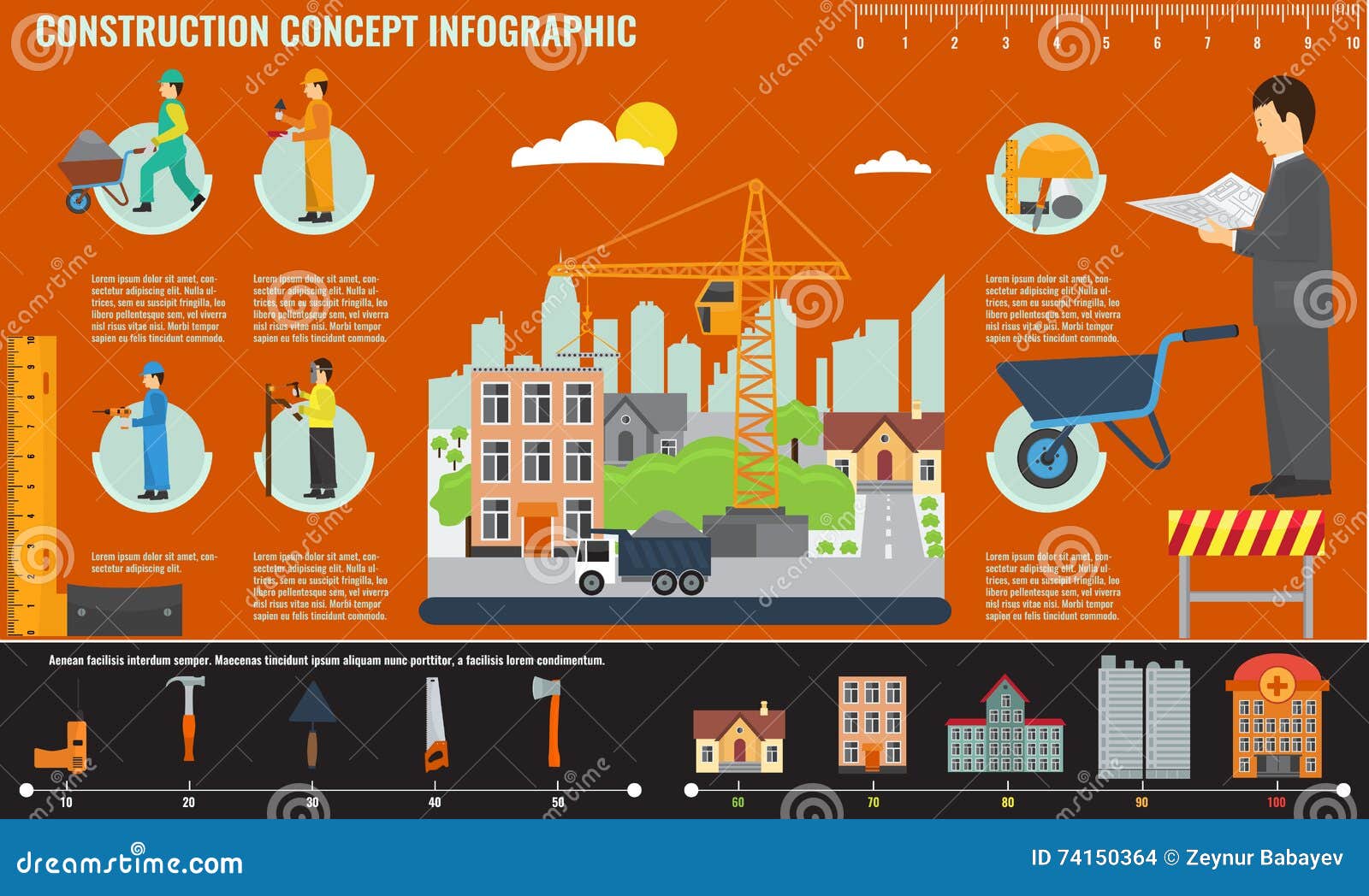 Construction Infographics Set with Engineer and Workers Equipment Tools ...