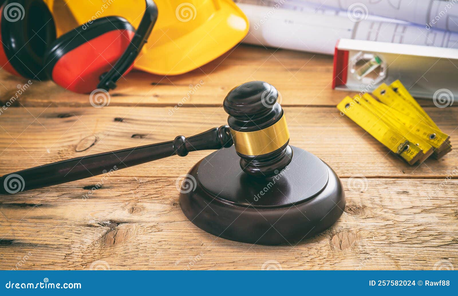 Construction and Labor Law. Judge Gavel and Design Tools on Table Stock ...