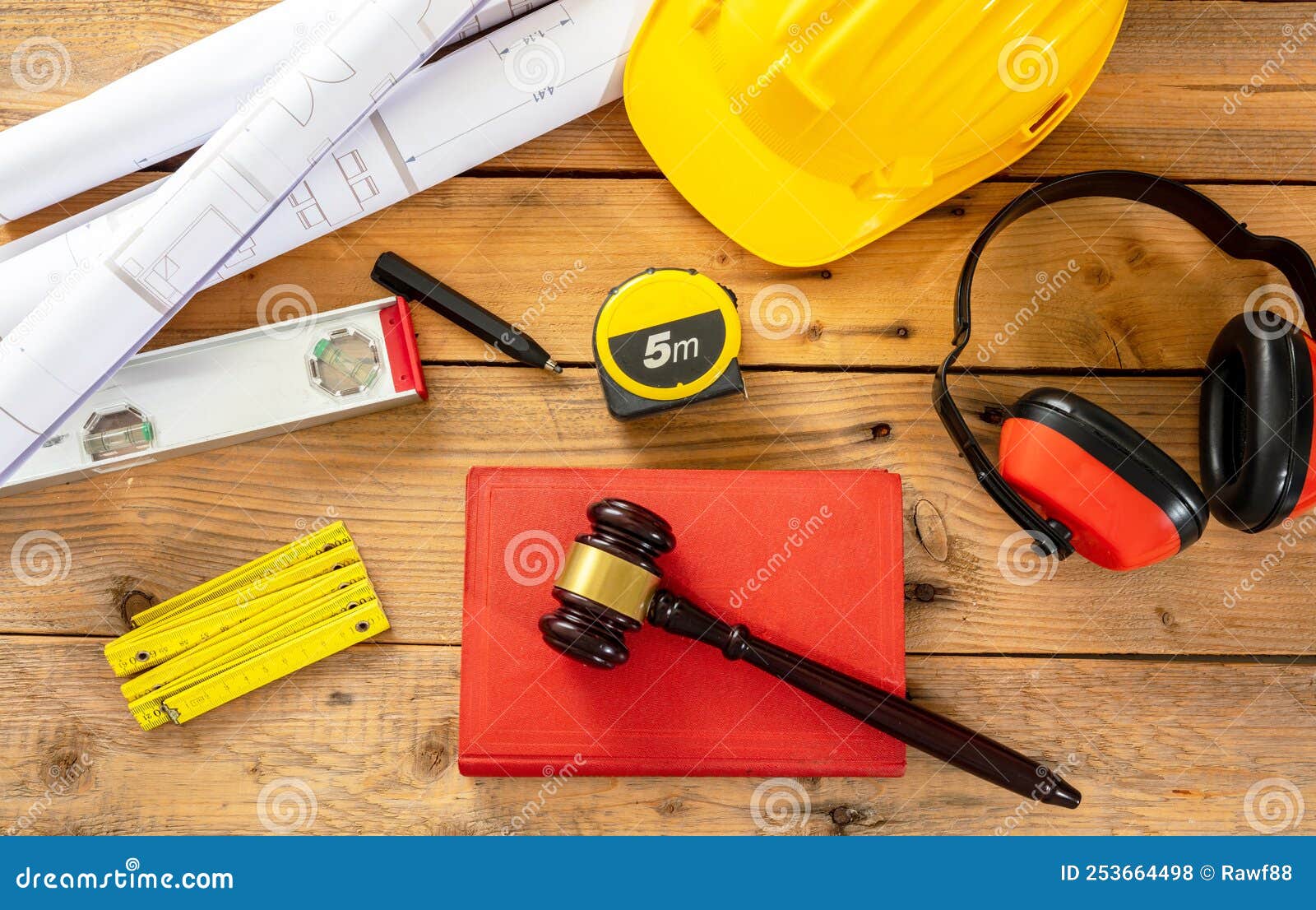 Construction and Labor Law. Judge Gavel and Design Tools on Table Stock ...