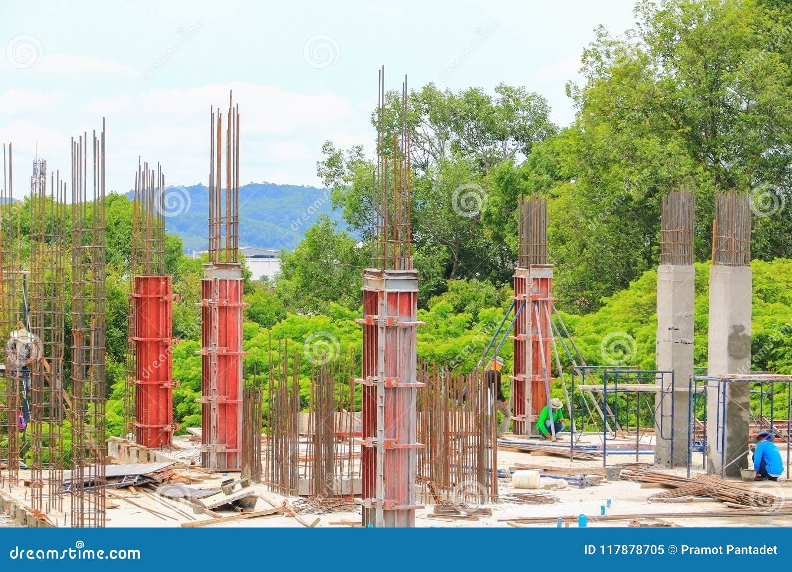 Construction Laborer Team Working on High Ground Building Commercial in ...