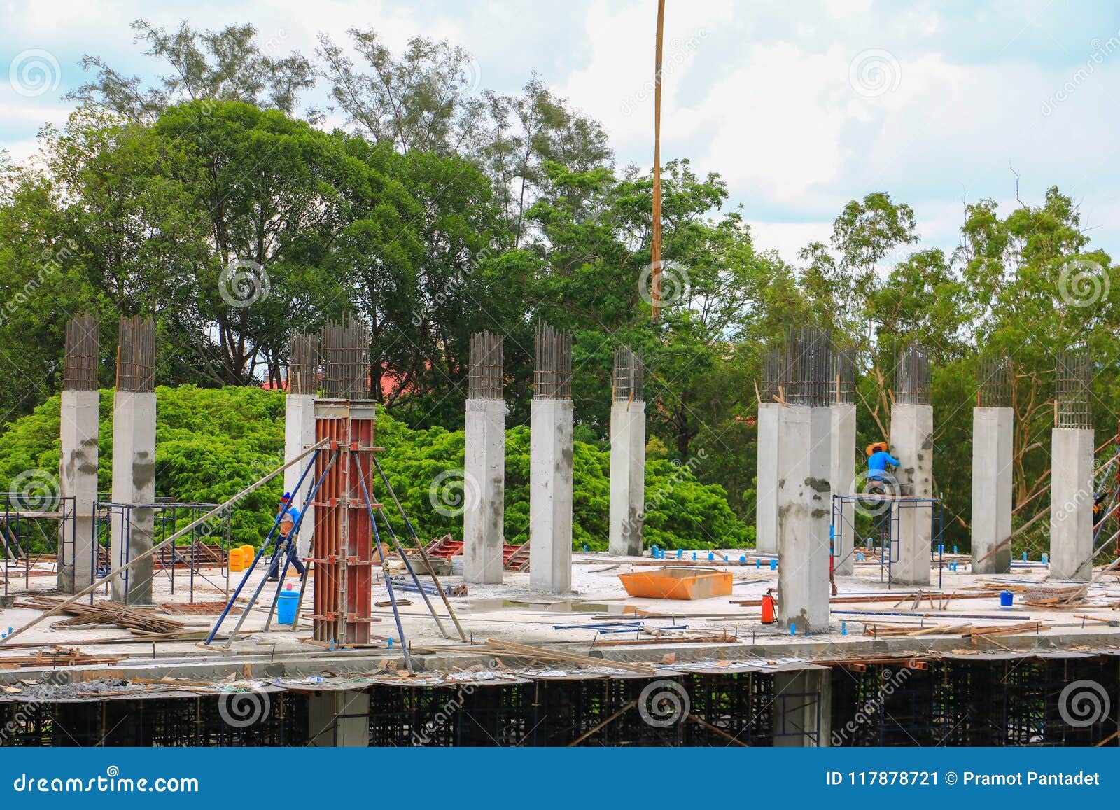 Construction Laborer Team Working on High Ground Building Commercial in ...