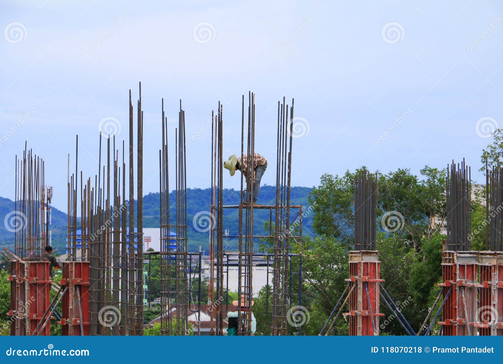 Construction Laborer Team Working on High Ground Building Housing in ...