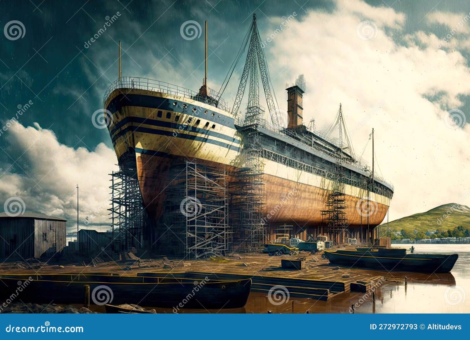 Construction of Large Steamship Vessel at Shipyard Production of Ships ...