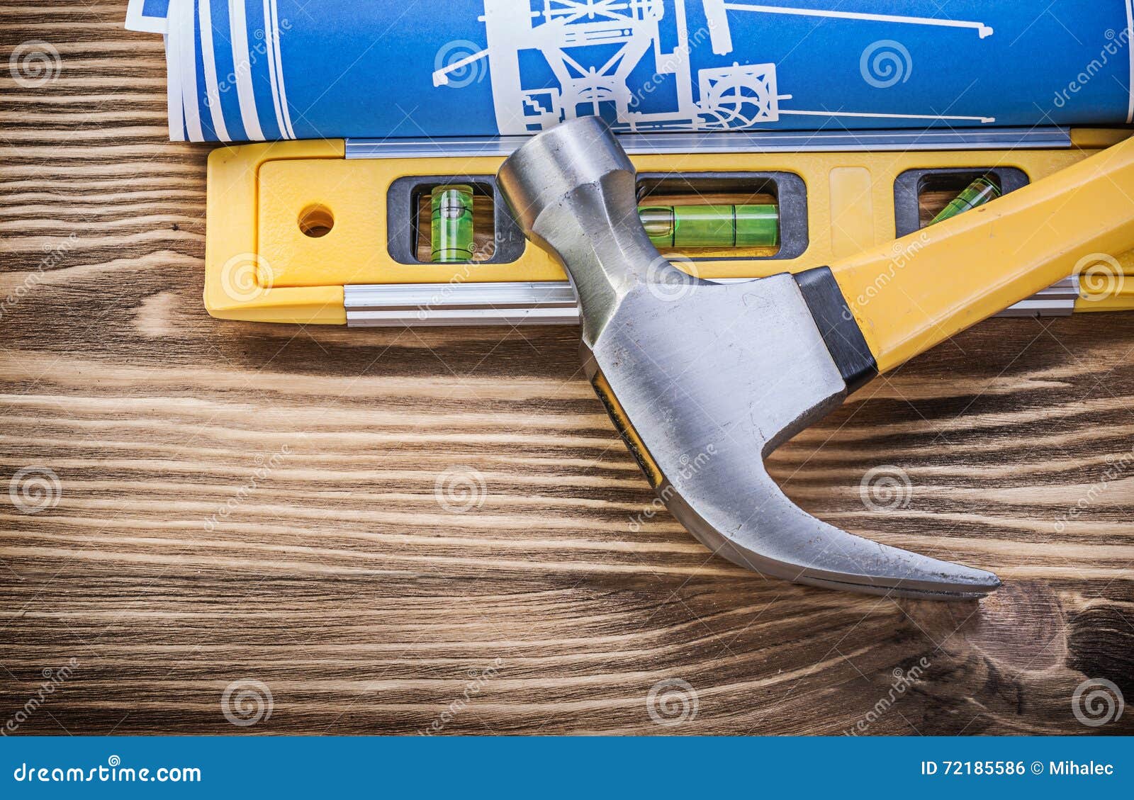 Construction Level Drawing Claw Hammer on Vintage Wooden Board Stock ...