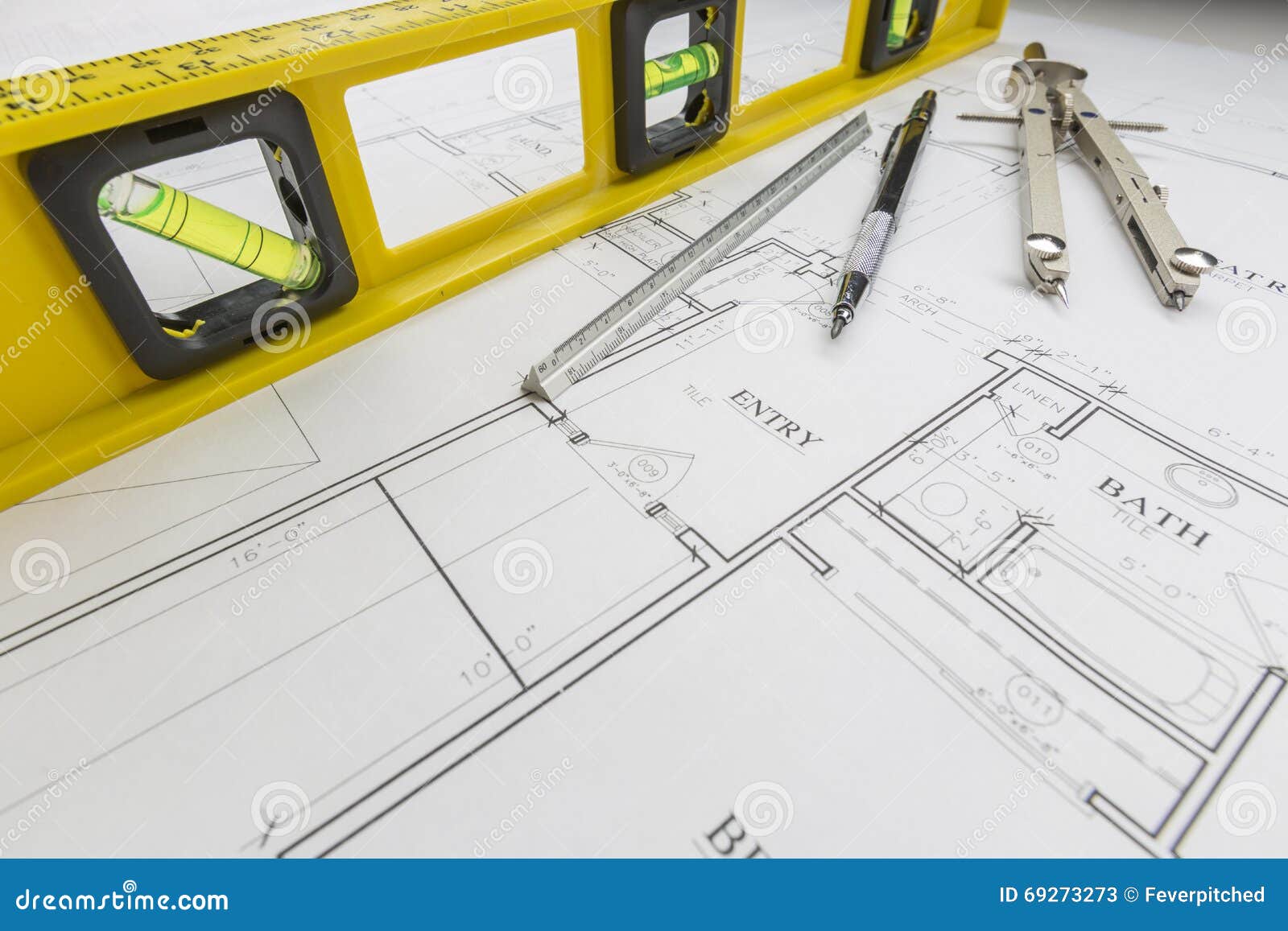 Construction Level, Pencil, Ruler and Compass Resting on House P Stock ...