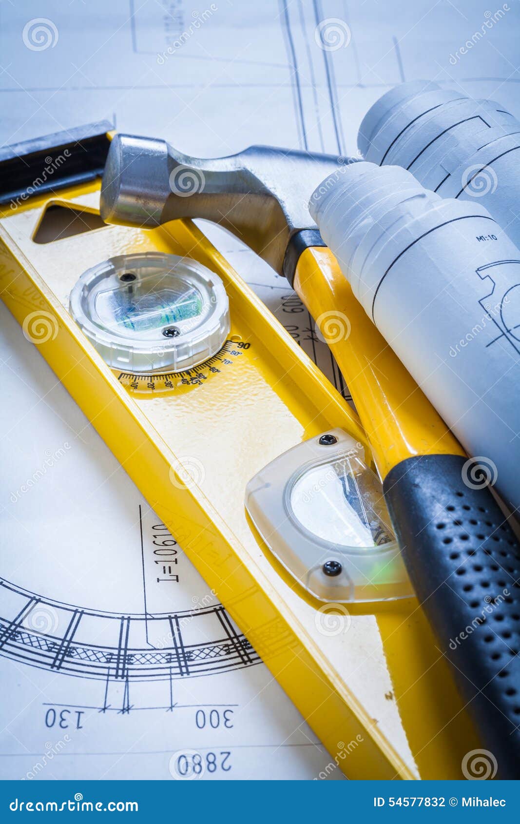 Construction Level Rolled Up Building Sketches and Stock Photo - Image ...