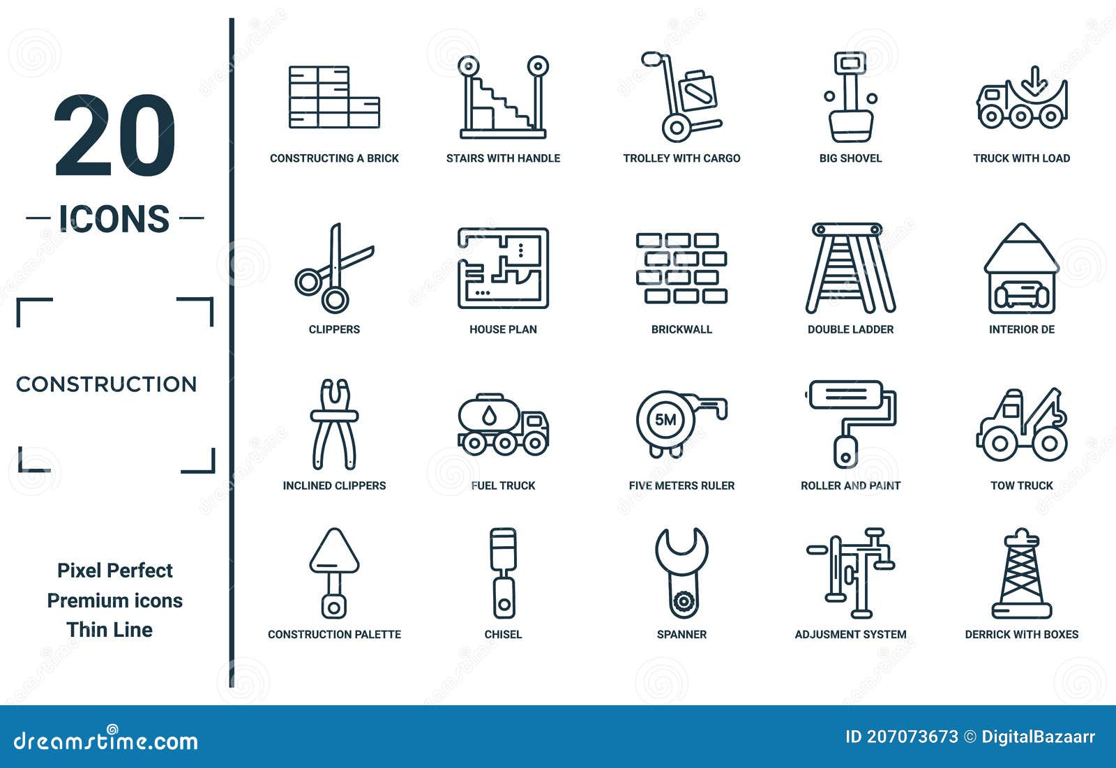 Construction Linear Icon Set. Includes Thin Line Constructing a Brick ...