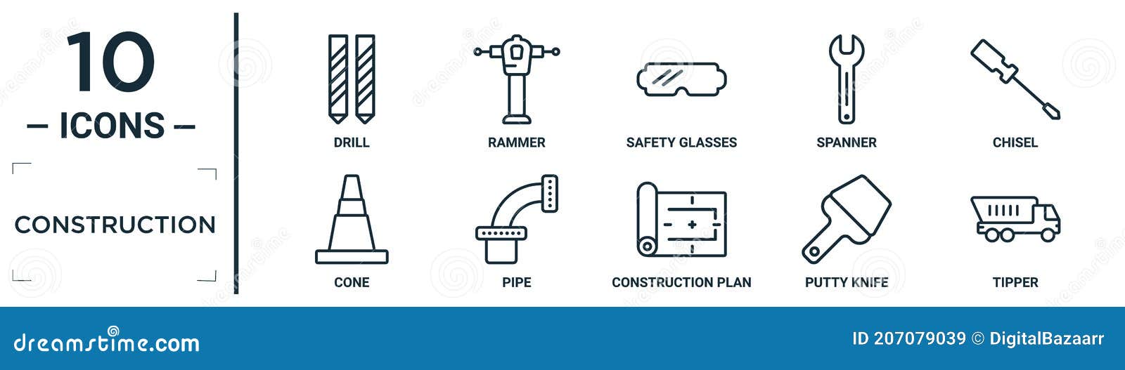 Construction Linear Icon Set. Includes Thin Line Drill, Safety Glasses ...