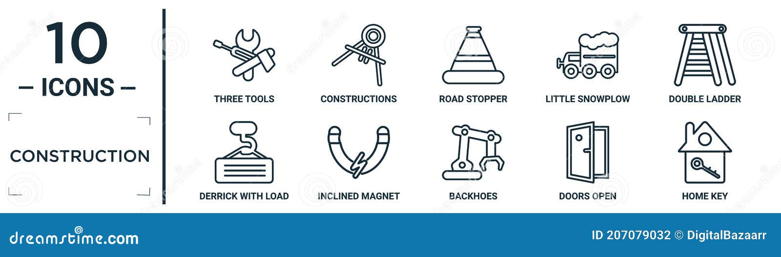 Construction Linear Icon Set. Includes Thin Line Three Tools, Road ...