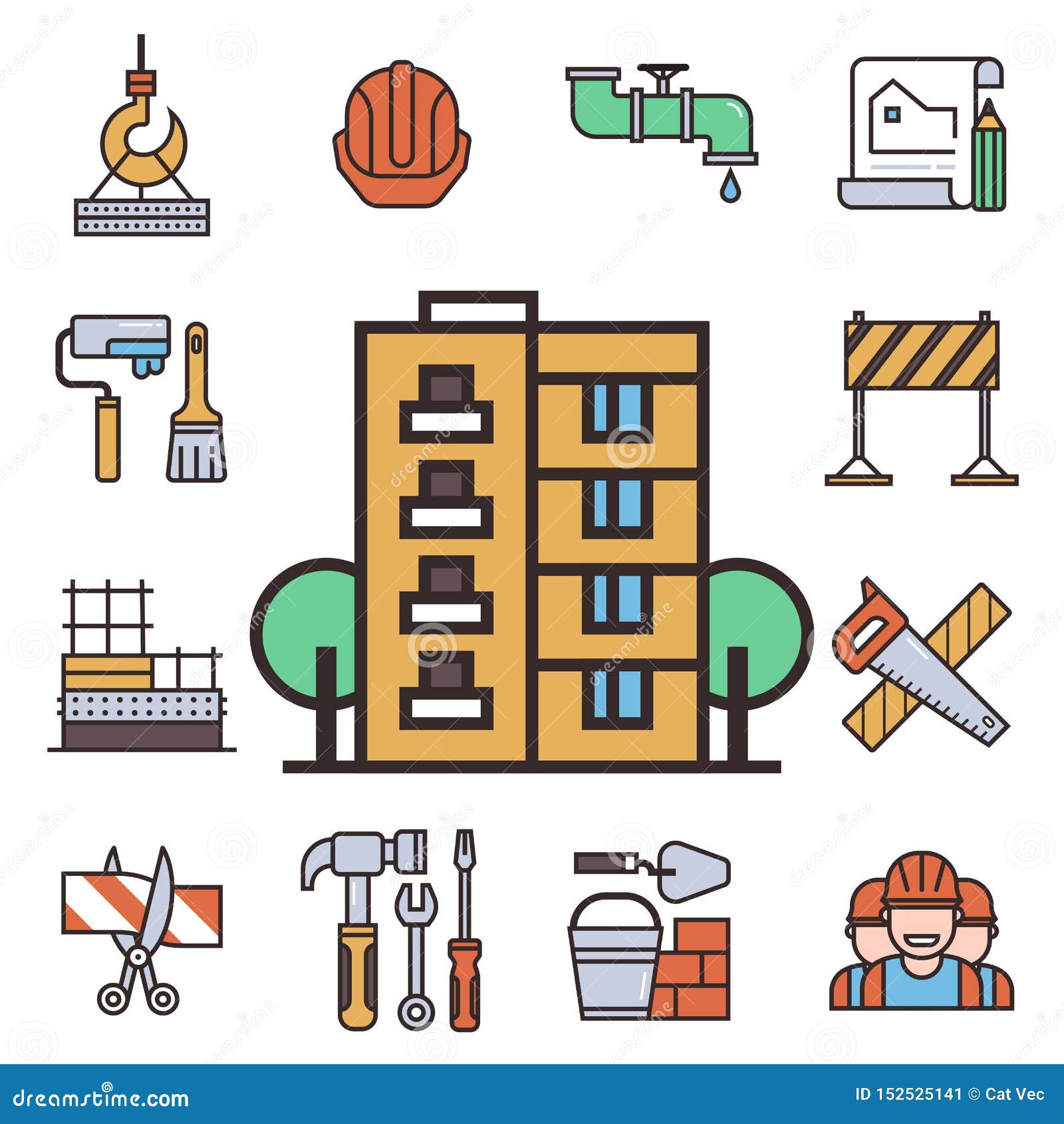 Construction Linear Icons Universal Building Elements and Worker ...