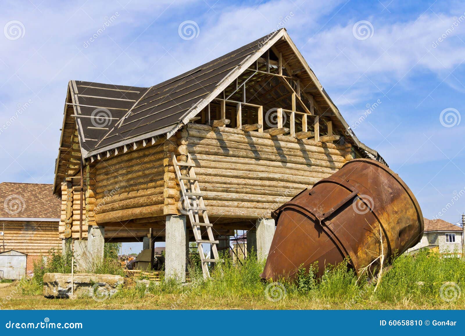 Construction of Log House in the Village Stock Photo - Image of green ...