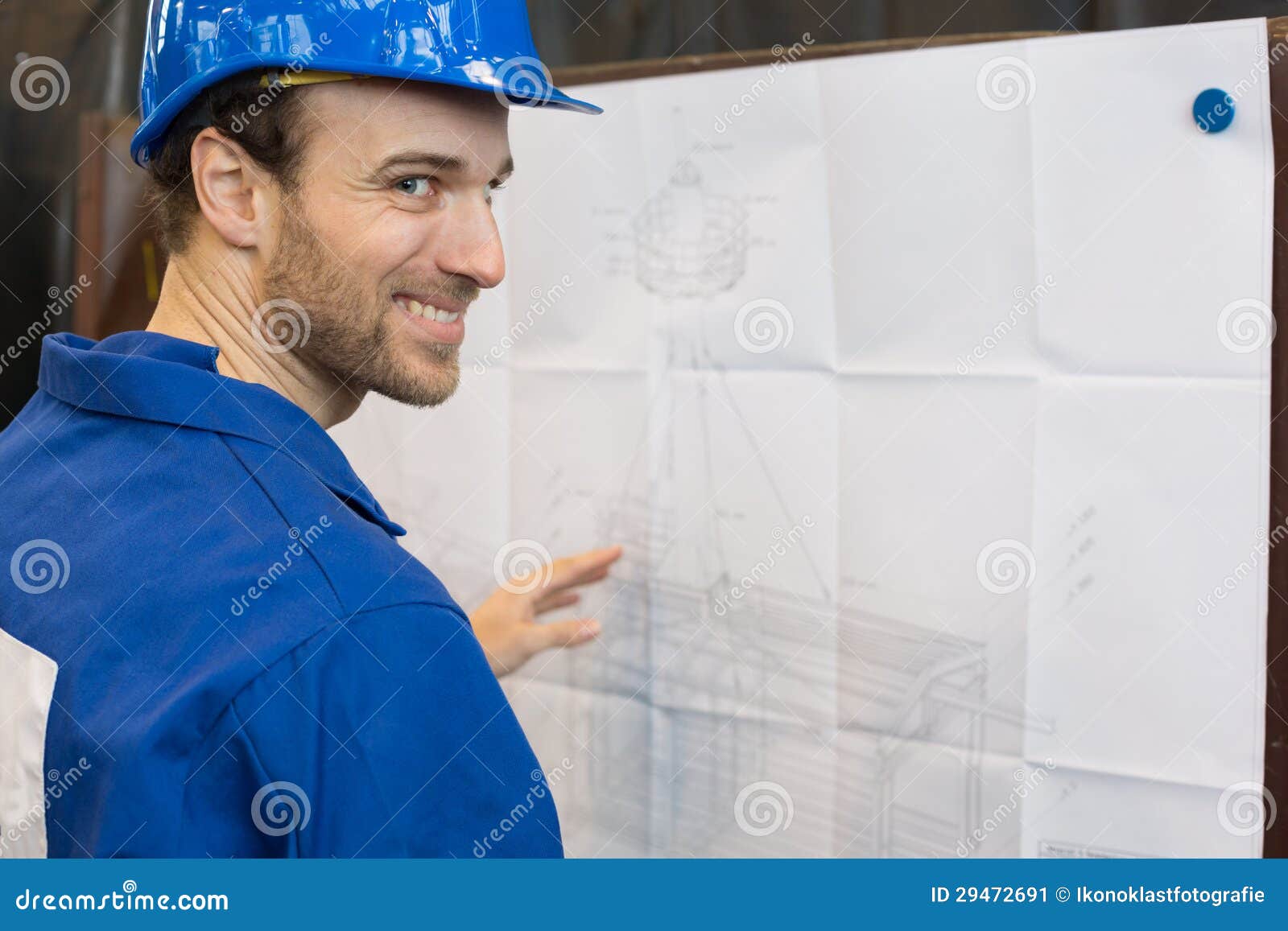 Construction Looking at Building Plan Stock Image - Image of occupation ...