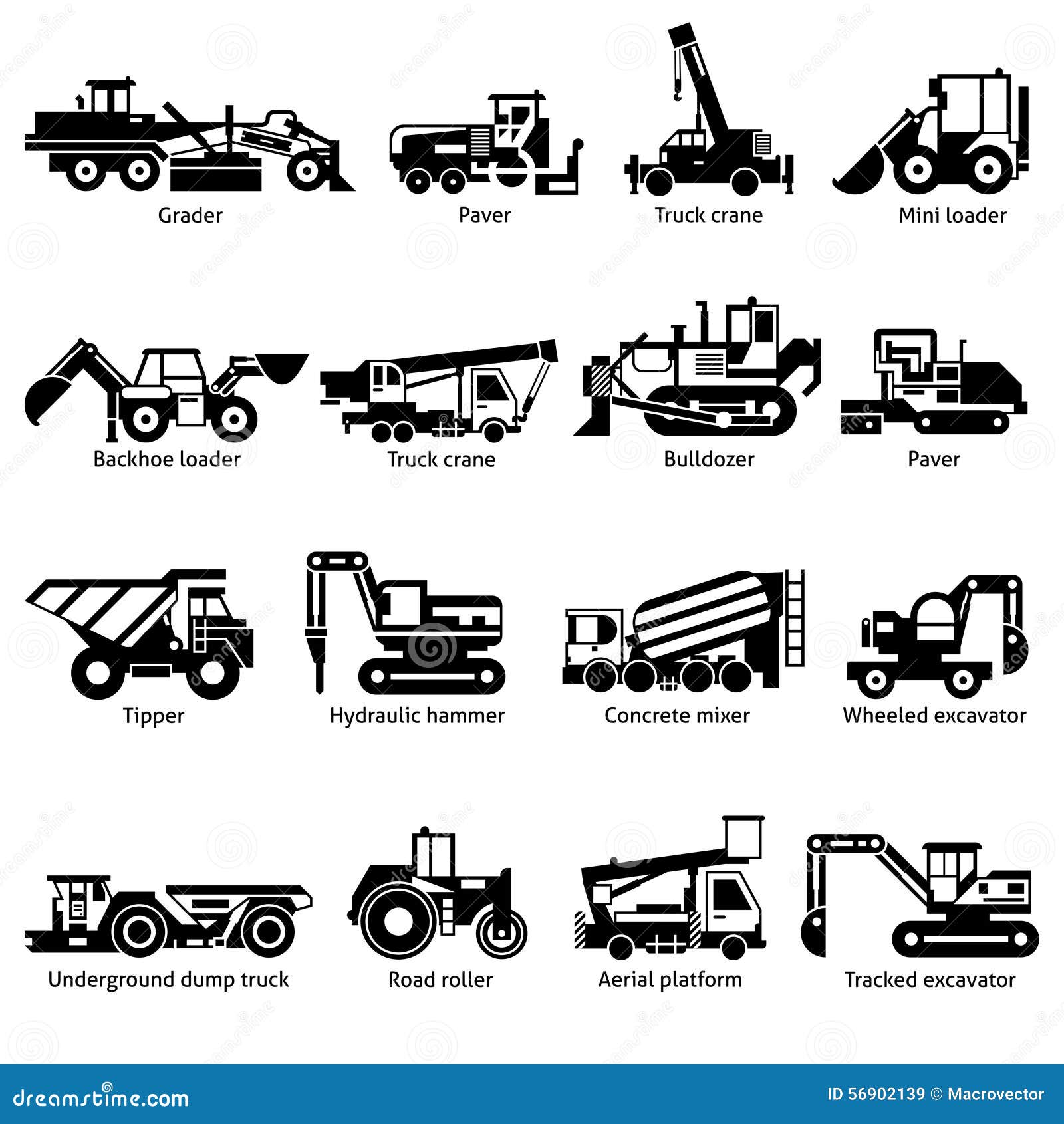 Construction Machines Black White Icons Set Stock Vector - Illustration ...